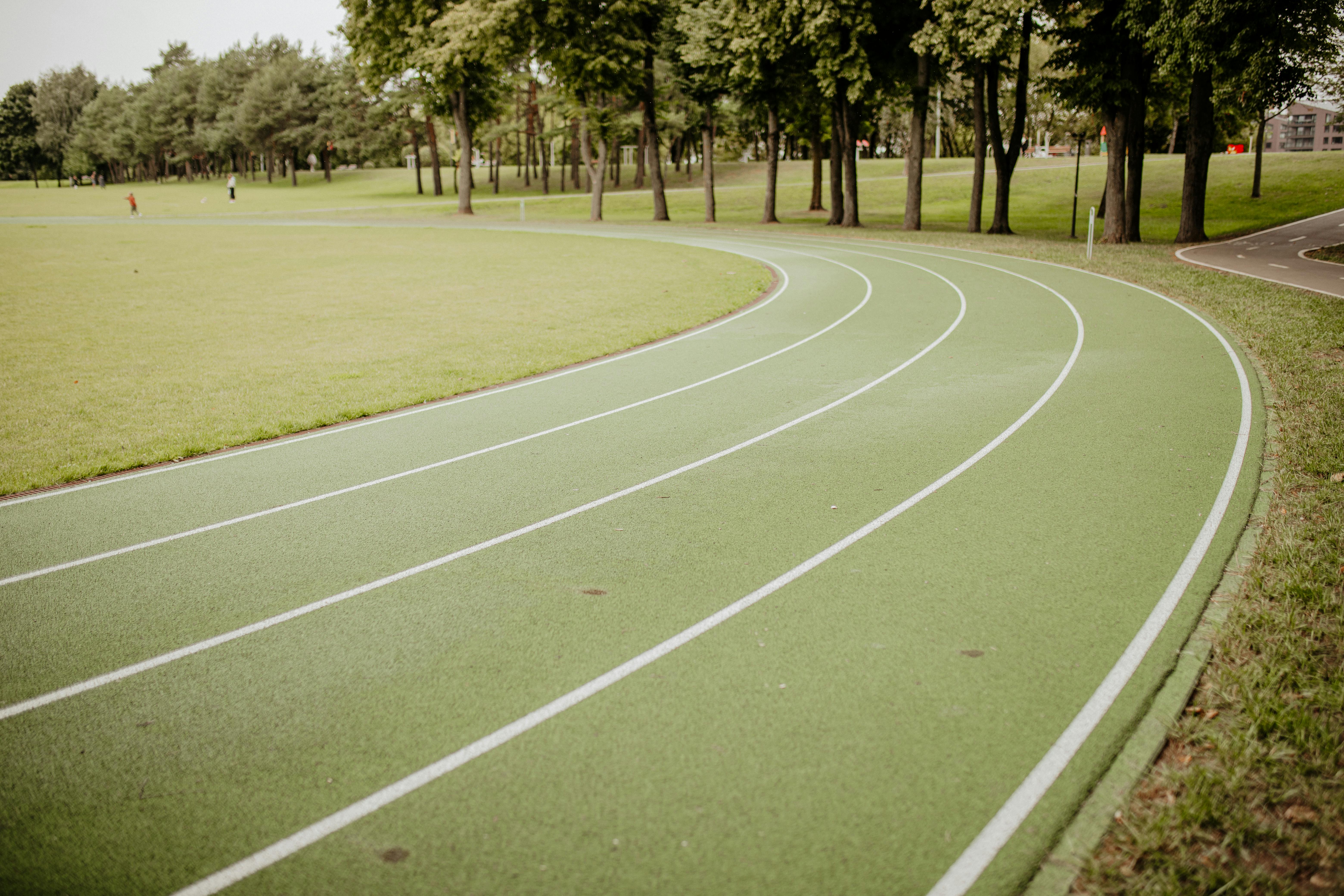 A running track with white lines and trees · Free Stock Photo