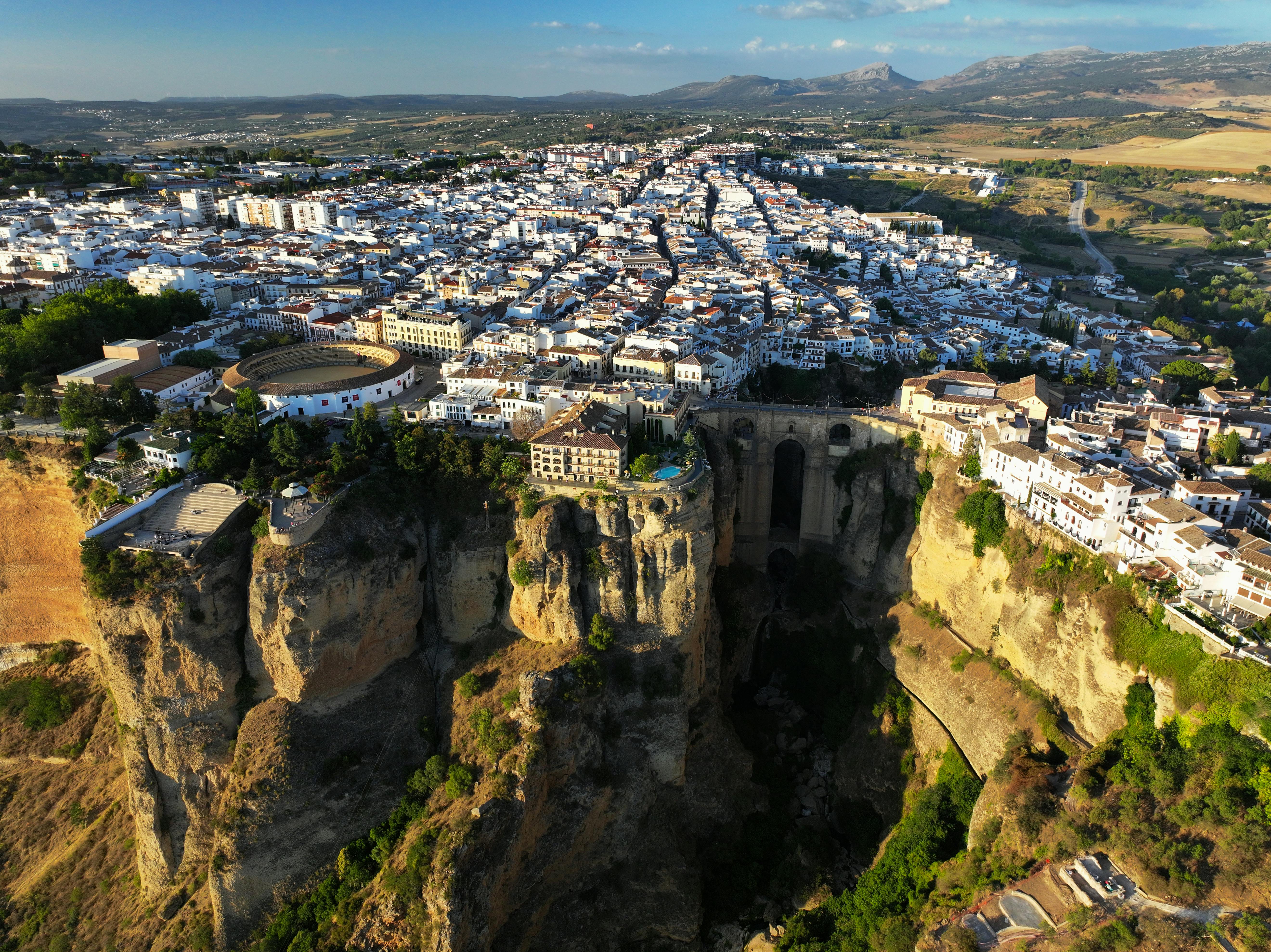 Aerial View of Ronda City with Museum of Bullfighting and Arch Bridge ...