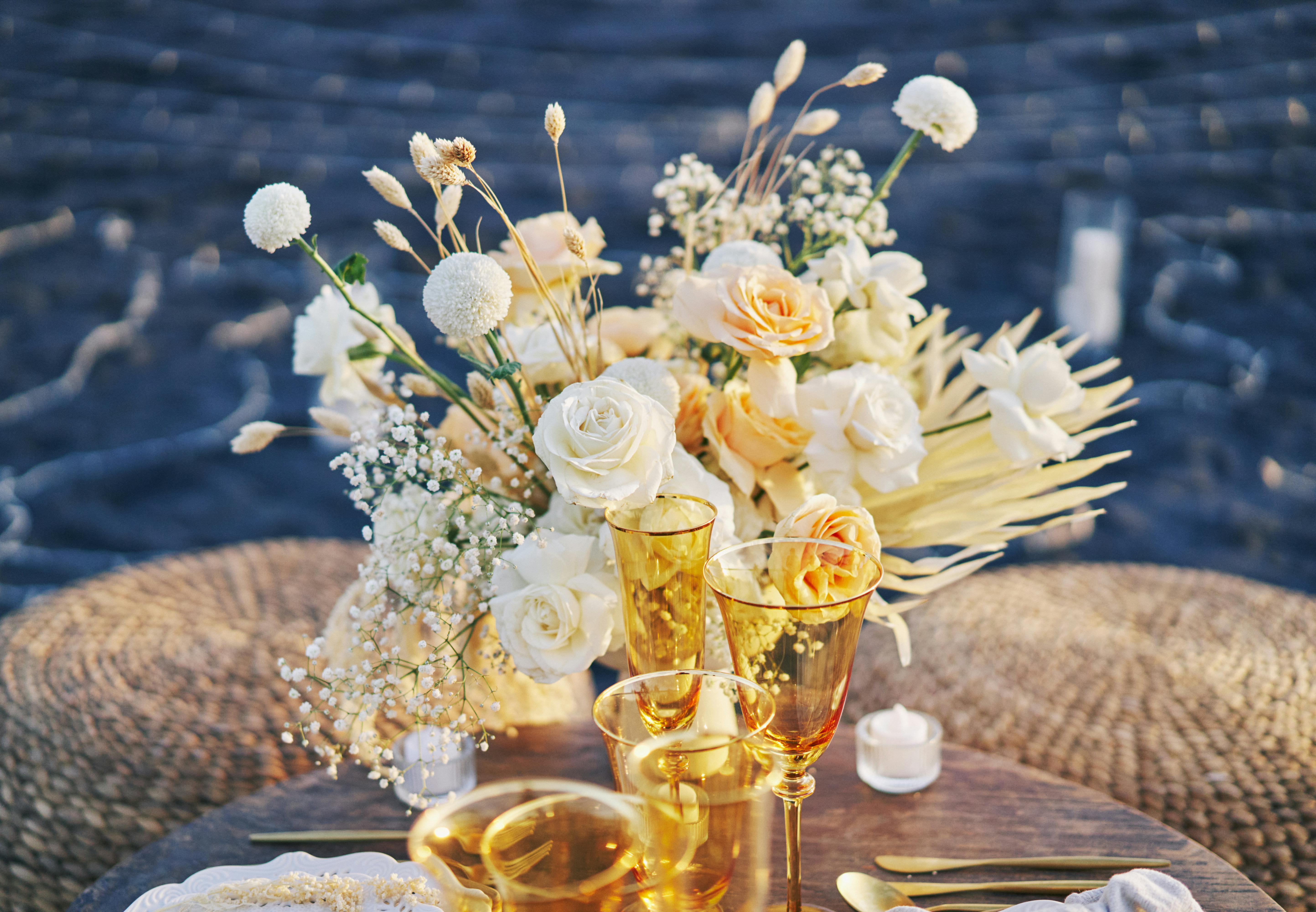 Bouquet of White Roses Decorating a Table Prepared for a Romantic ...