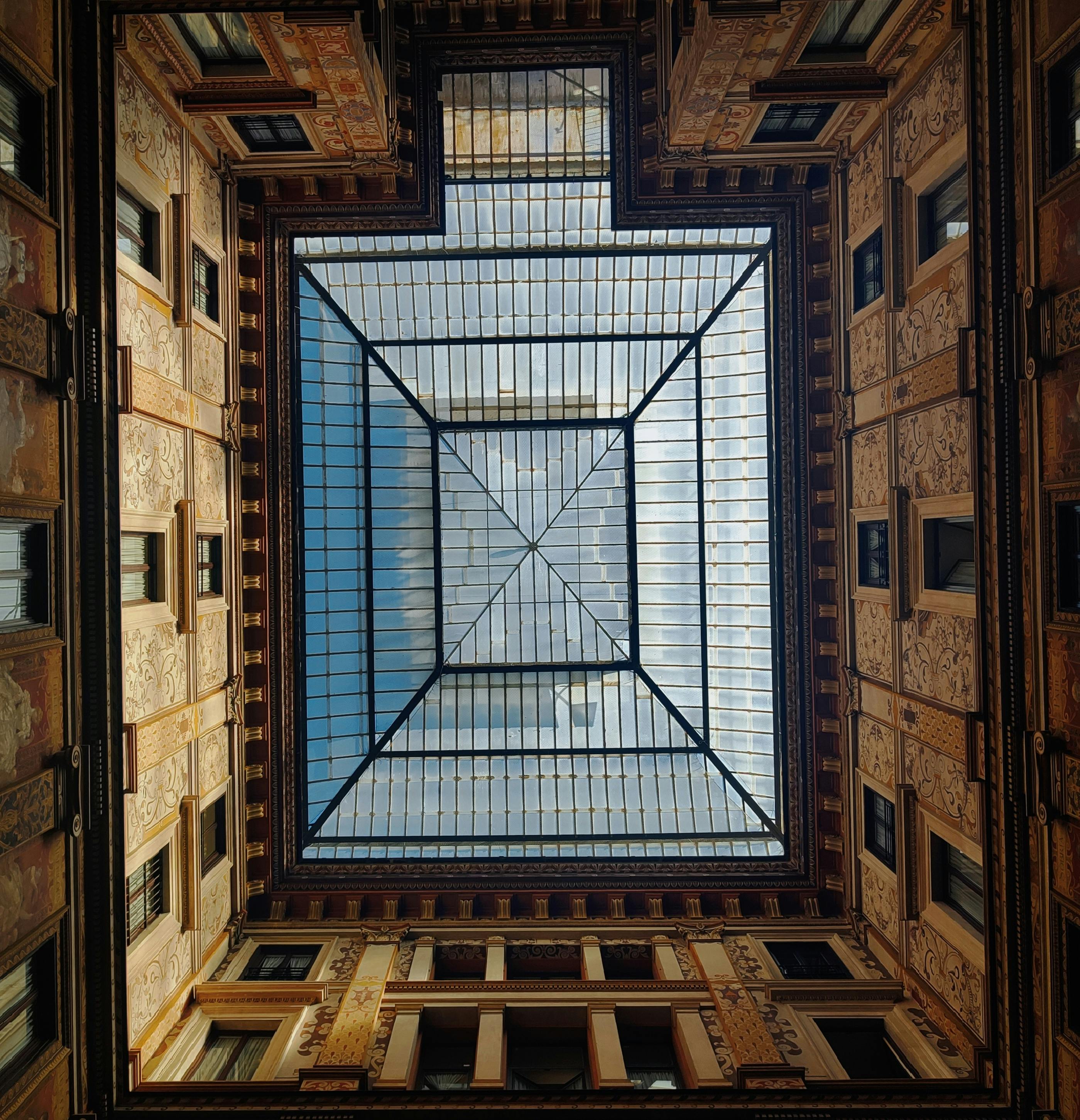 Round Gallery Interior with Glass Ceiling and Modernist Furniture ...