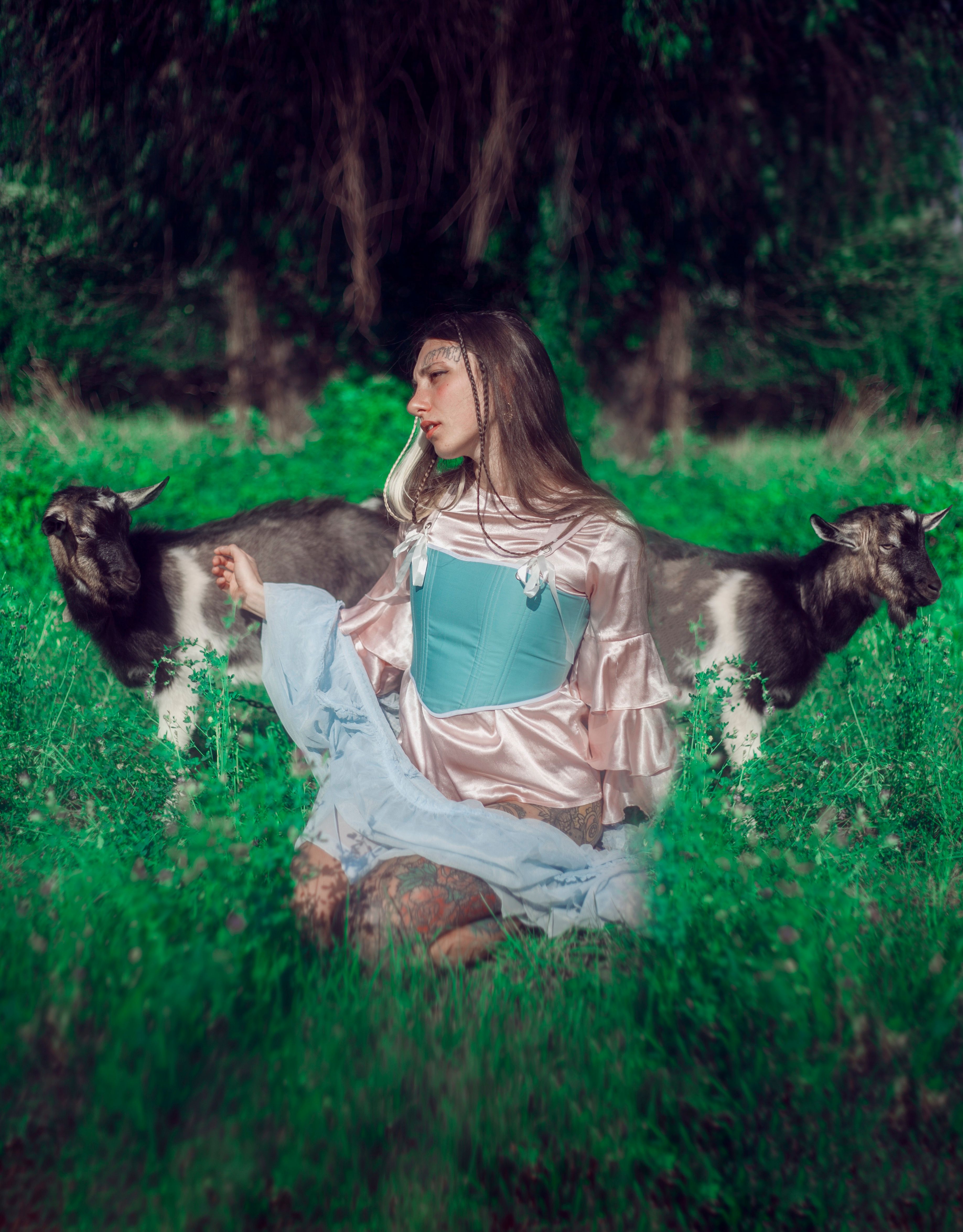 Woman Sitting and Posing with Goats · Free Stock Photo