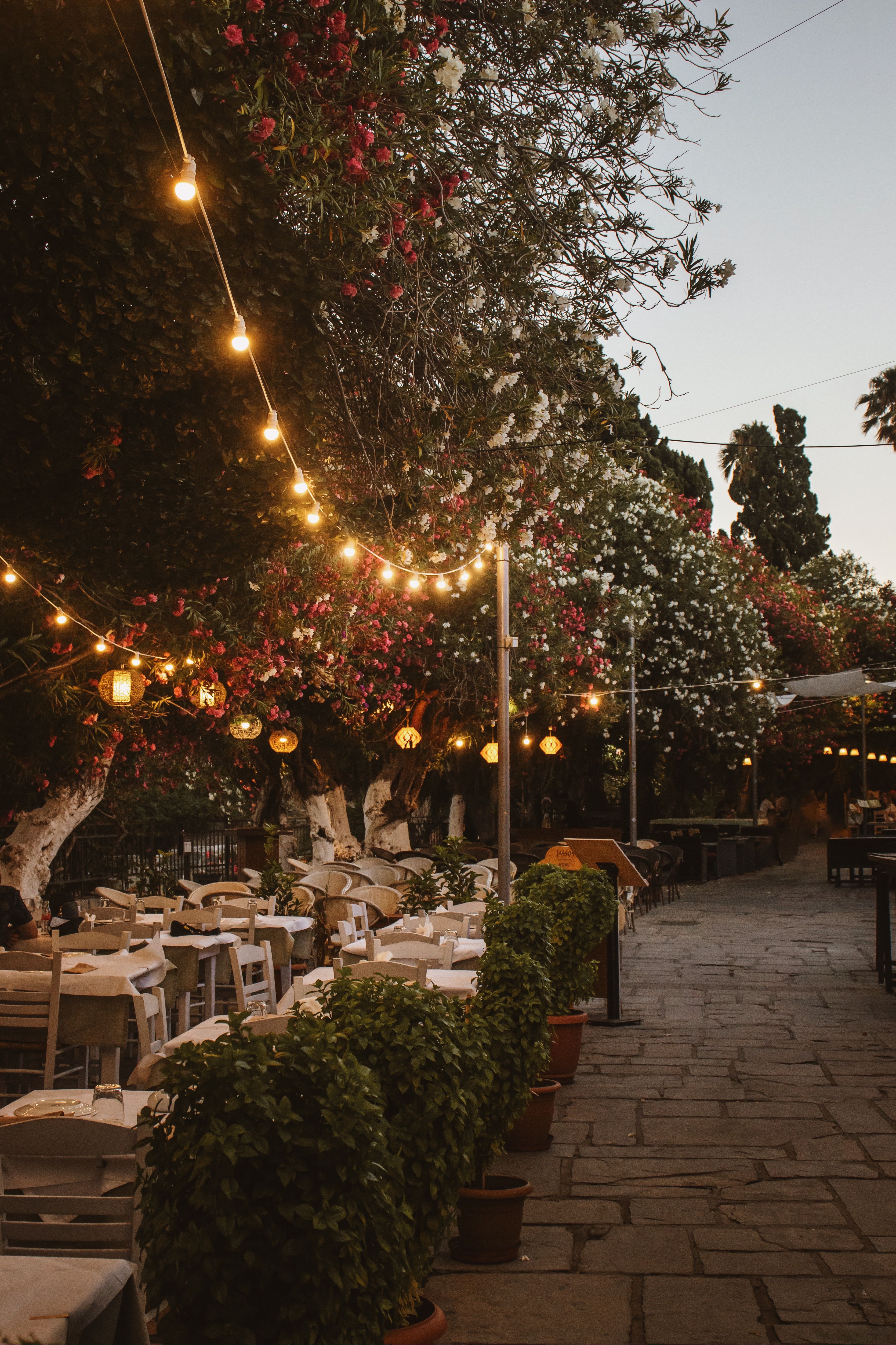 Lights over the Tables and Chairs on a Restaurant Patio · Free Stock Photo