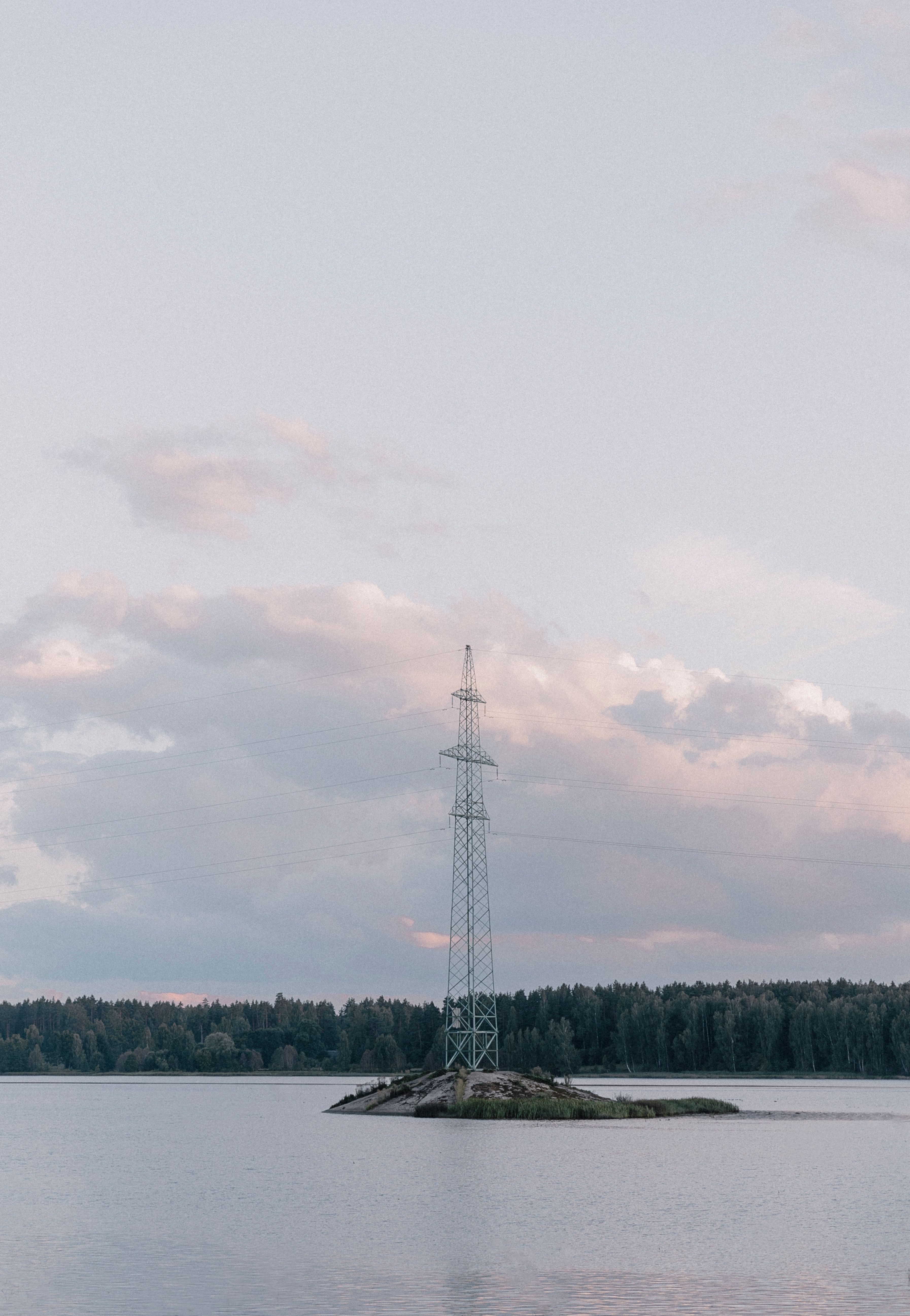 Transmission Tower on Island on Lake · Free Stock Photo