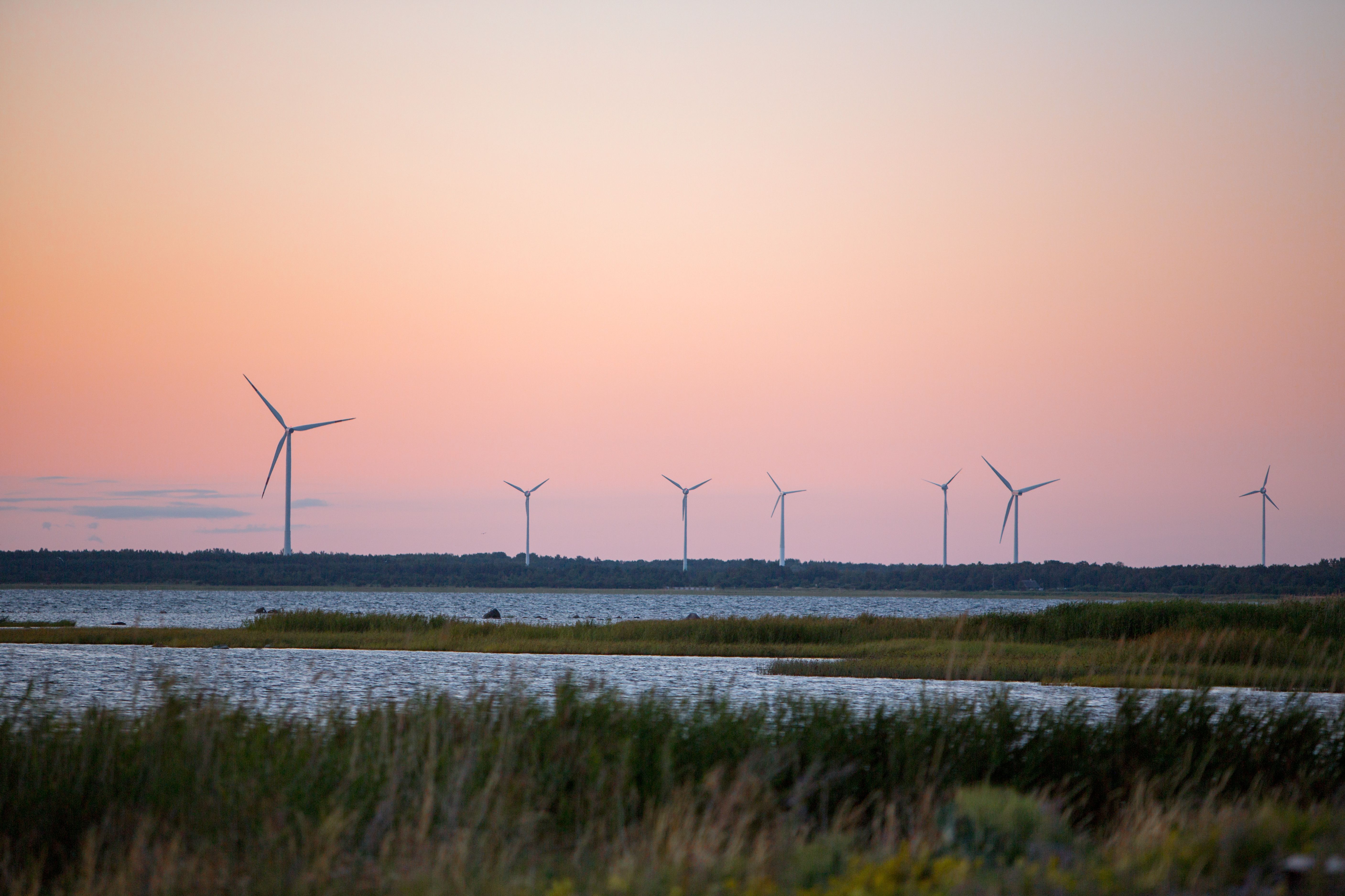 Wind Turbines behind Lake at Dusk · Free Stock Photo