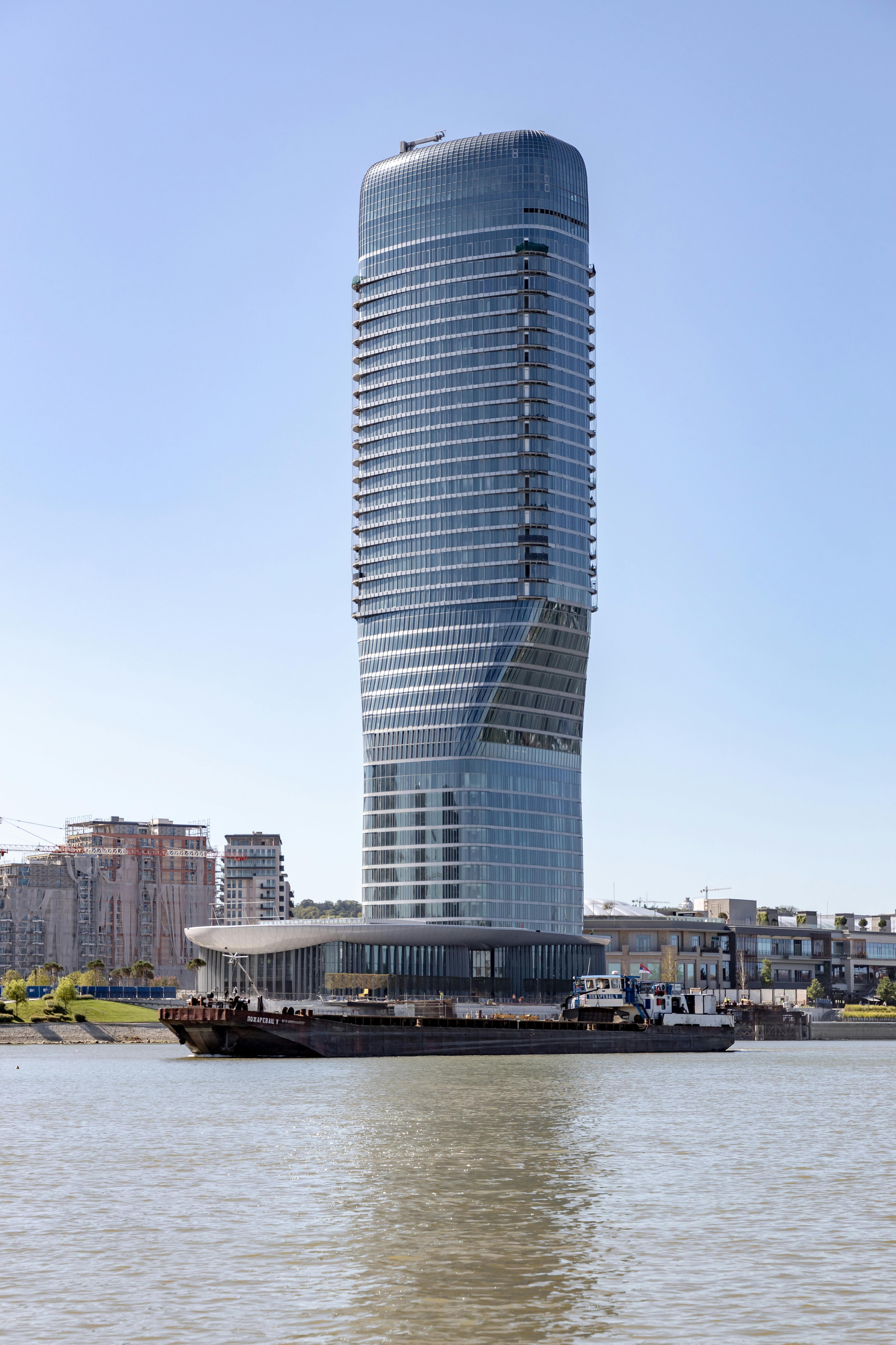View of the Belgrade Tower from the Sava River in Belgrade, Serbia ...