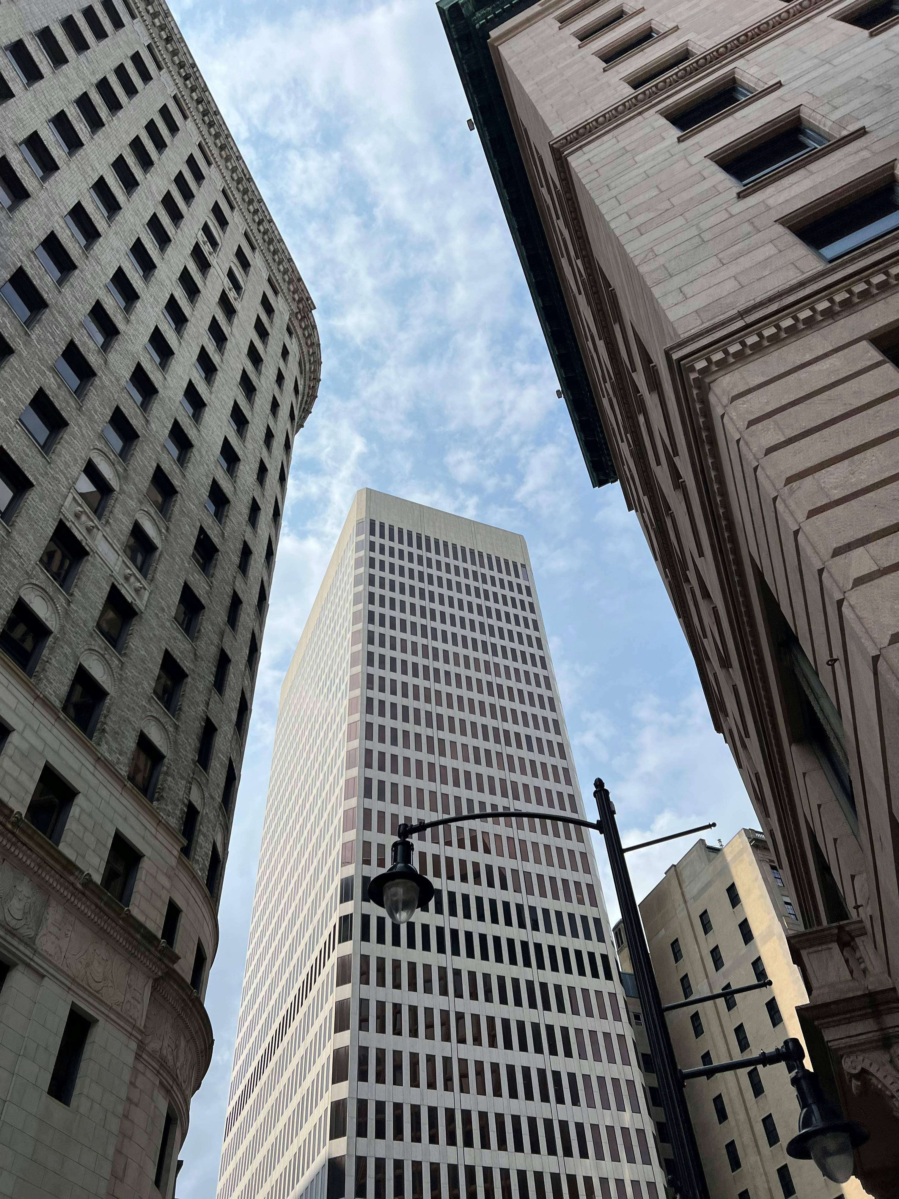 Modern architecture of metropolis with skyscrapers against flowing ...