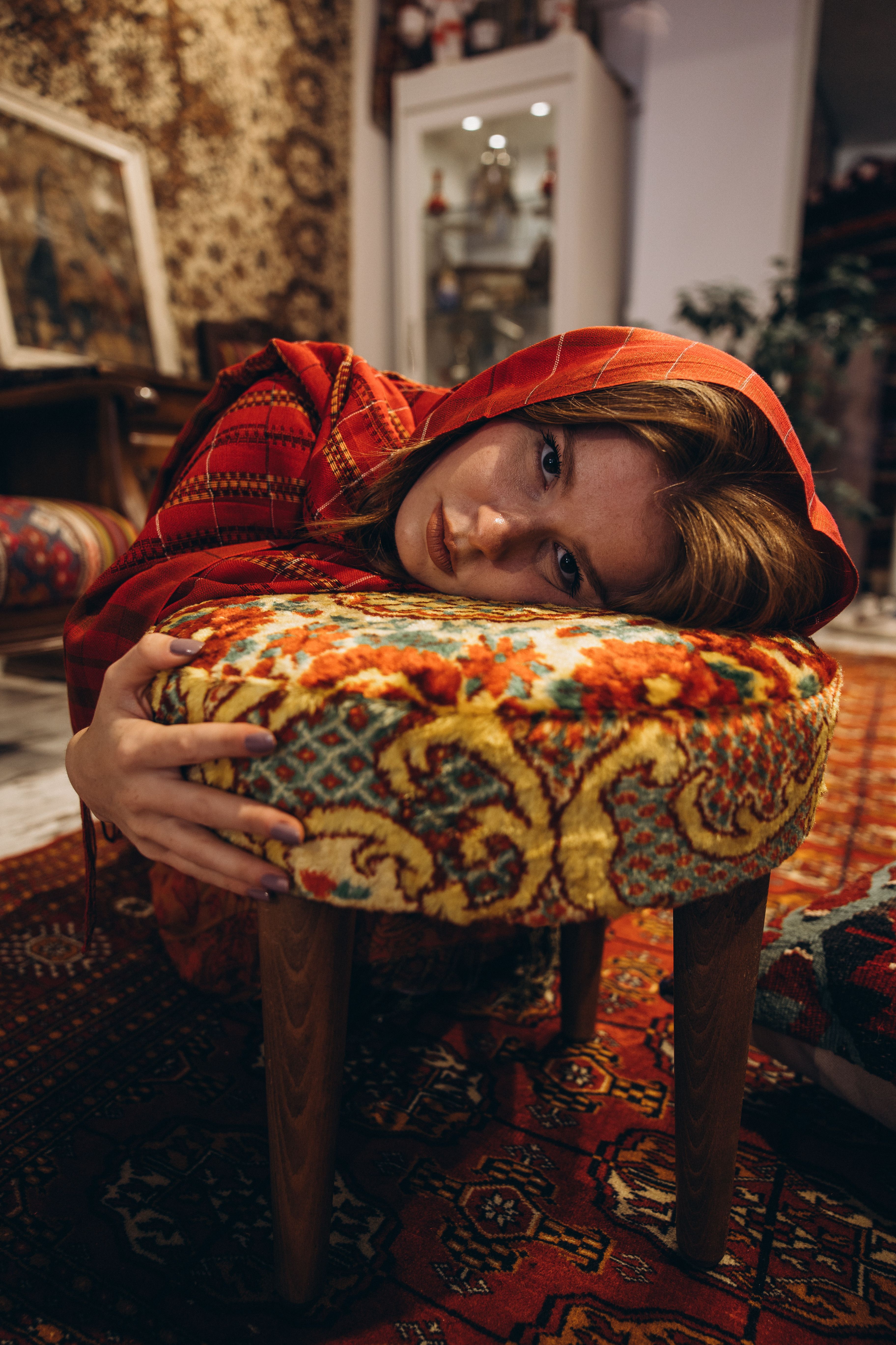 Beautiful Woman with her Head on the Footstool · Free Stock Photo