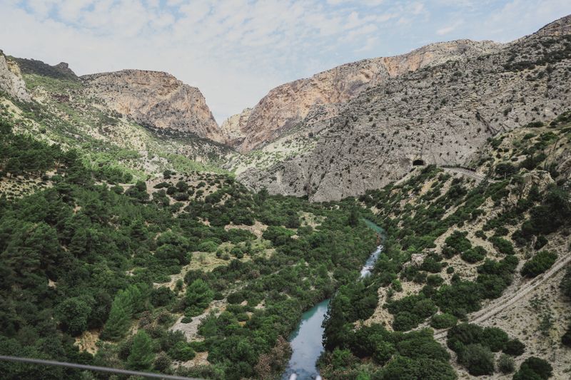 Landscape of El Chorro gorge with river and mountains in Spain