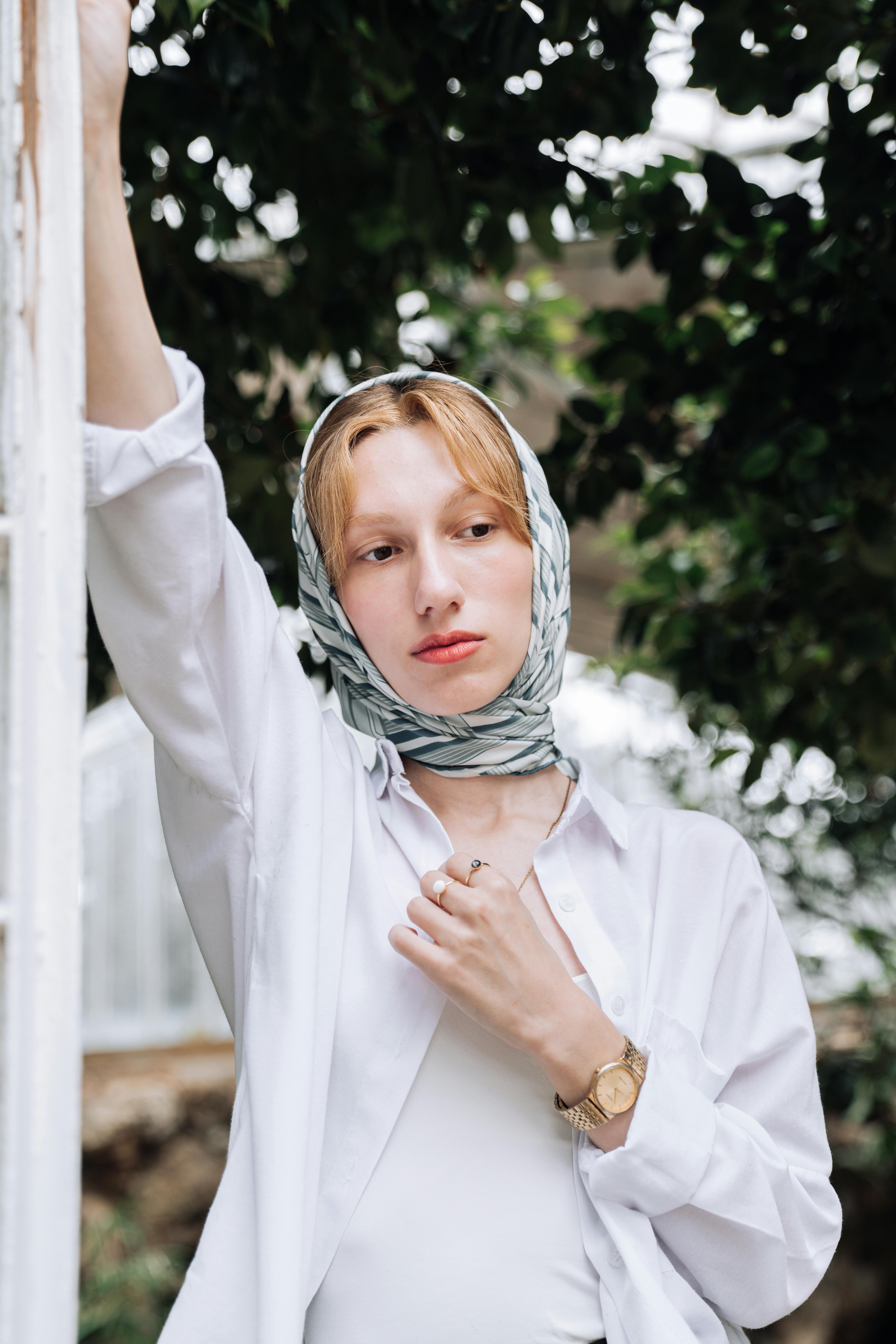 Model in Blue Headscarf and White Shirt · Free Stock Photo