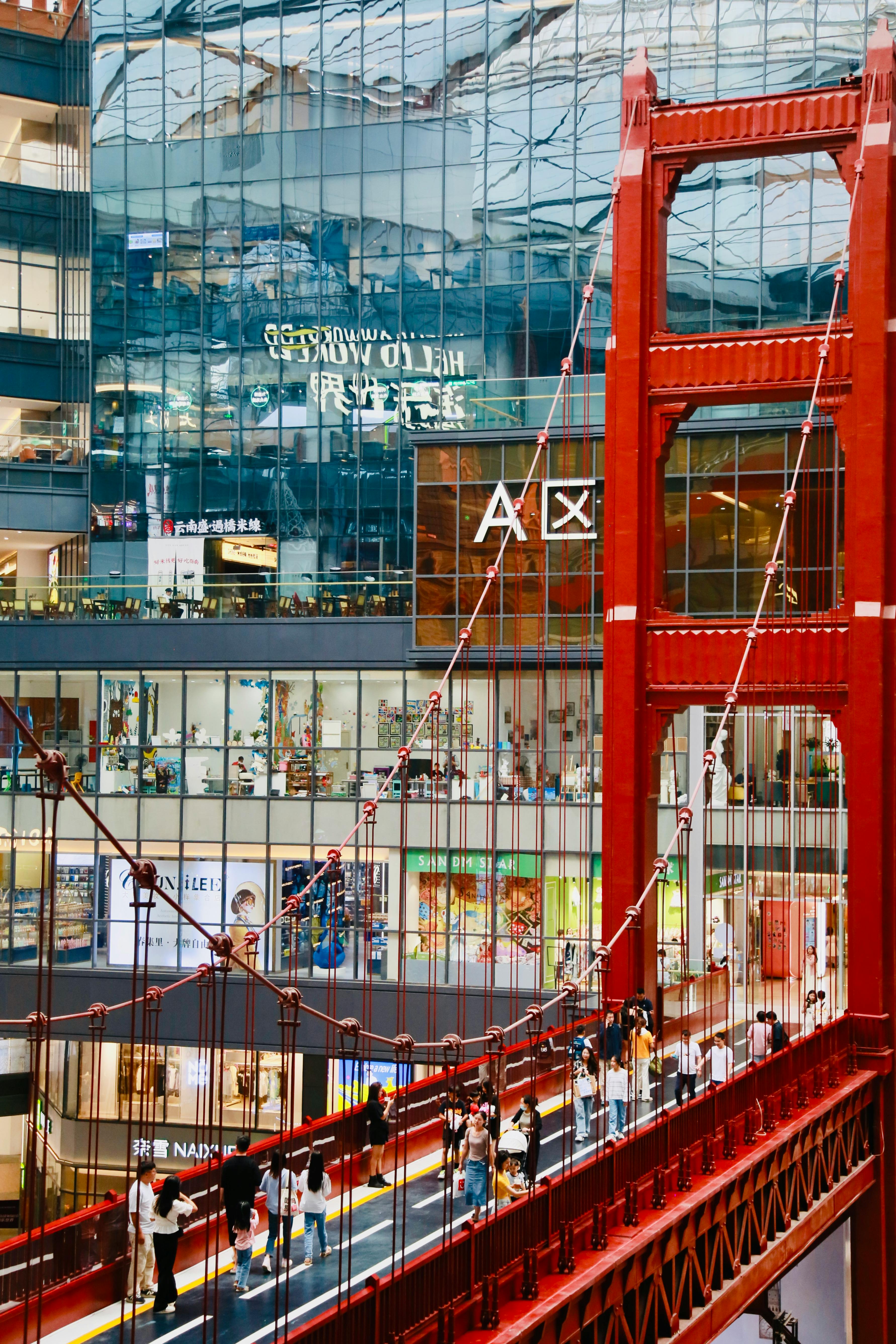 People Walking on a Red Pedestrian Footbridge in a Shopping Mall · Free ...