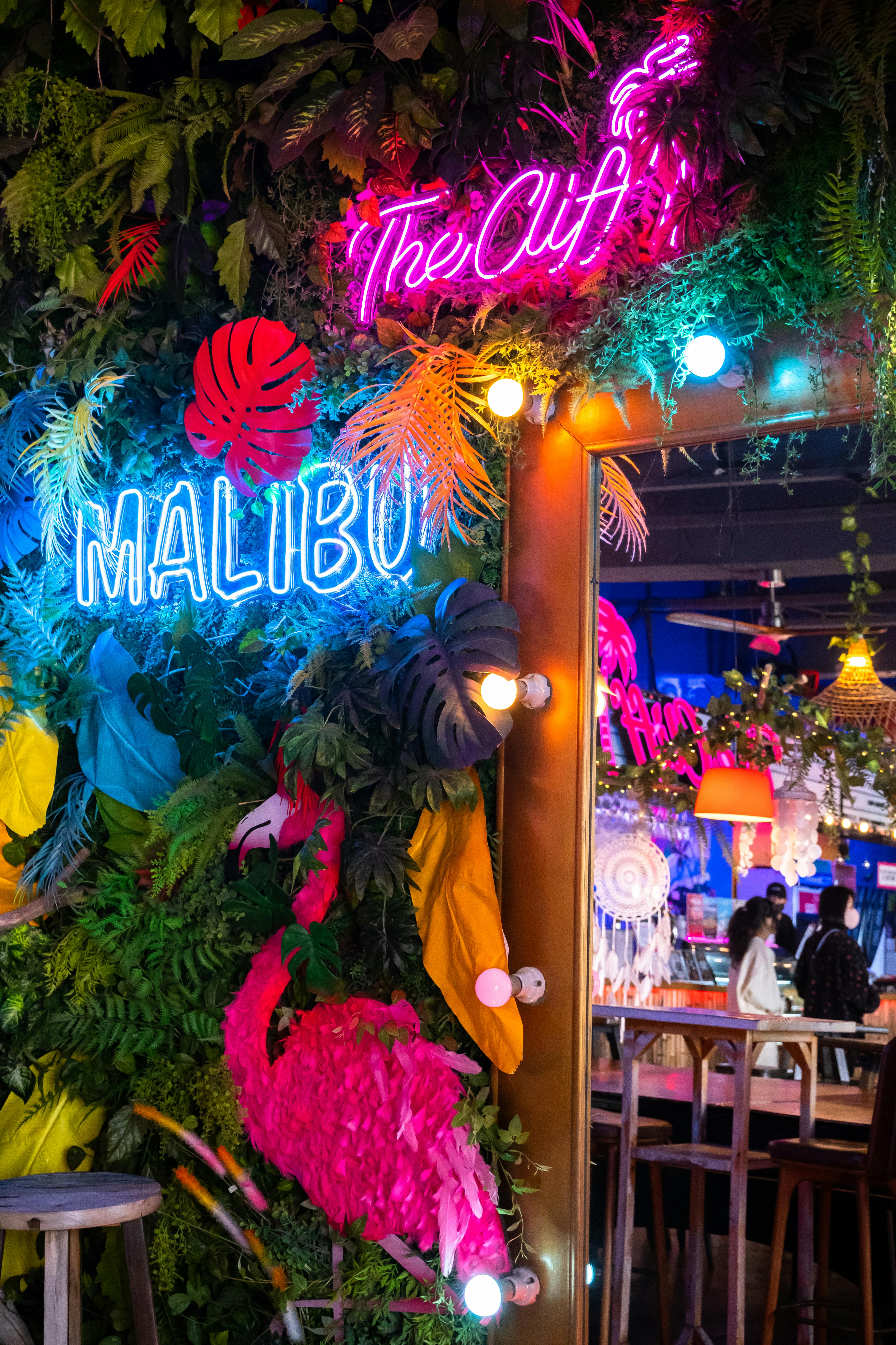 Purple neon illuminating signboard with monstera leaves · Free Stock Photo