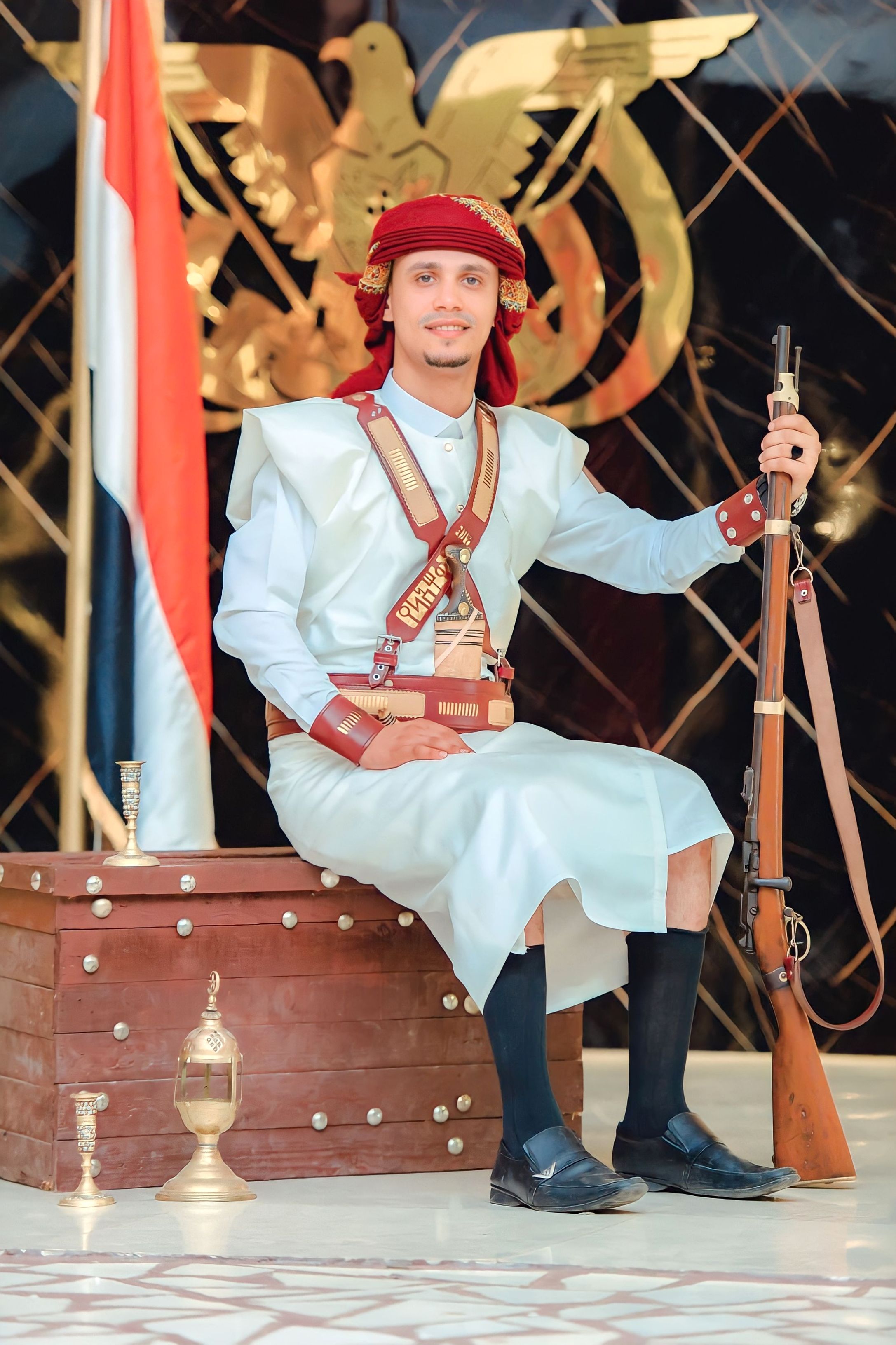 Traditionally Dressed Model in a Beige Turban and Bandolier Posing with ...