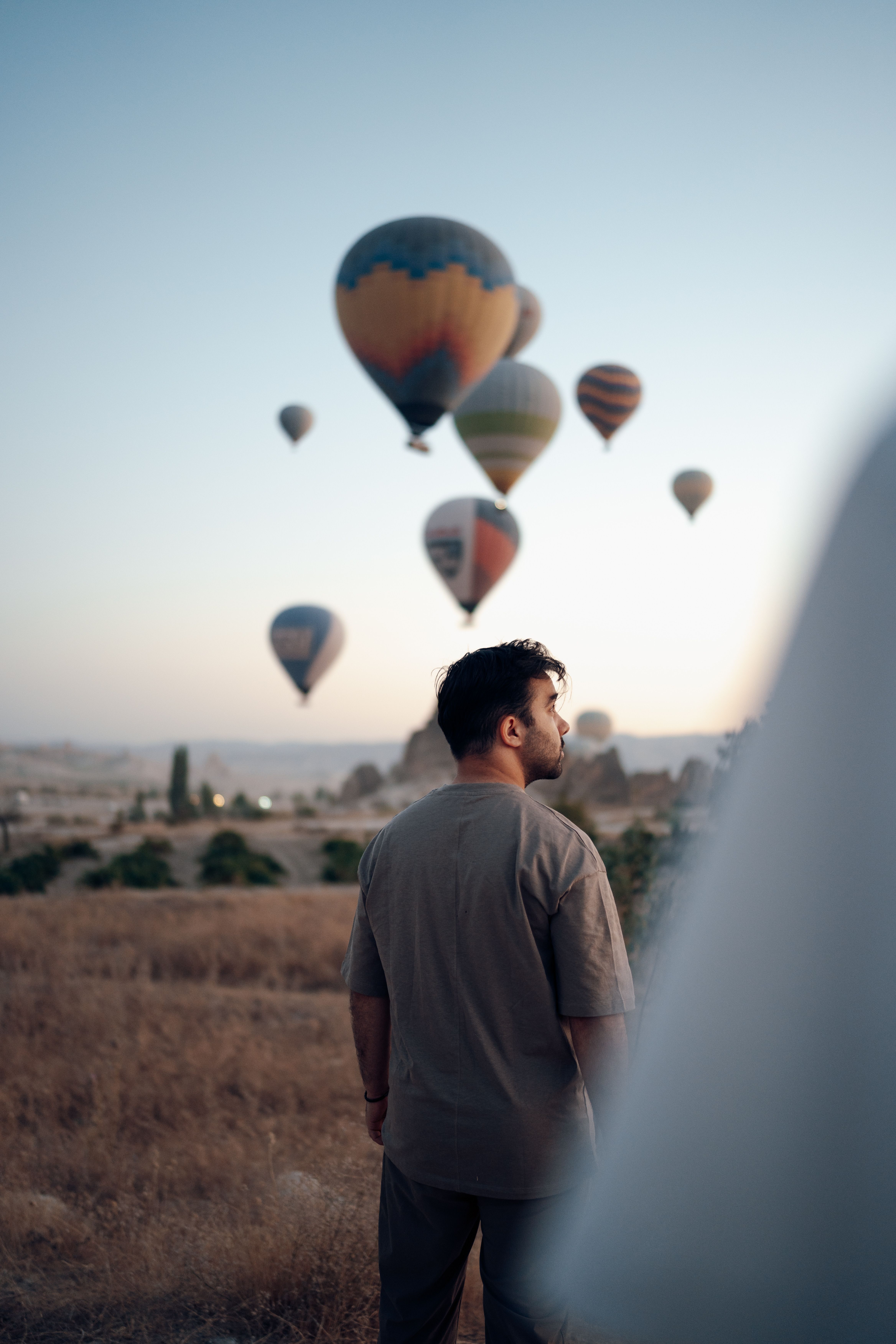 Looking on Floating Balloons Man Standing on Meadow · Free Stock Photo