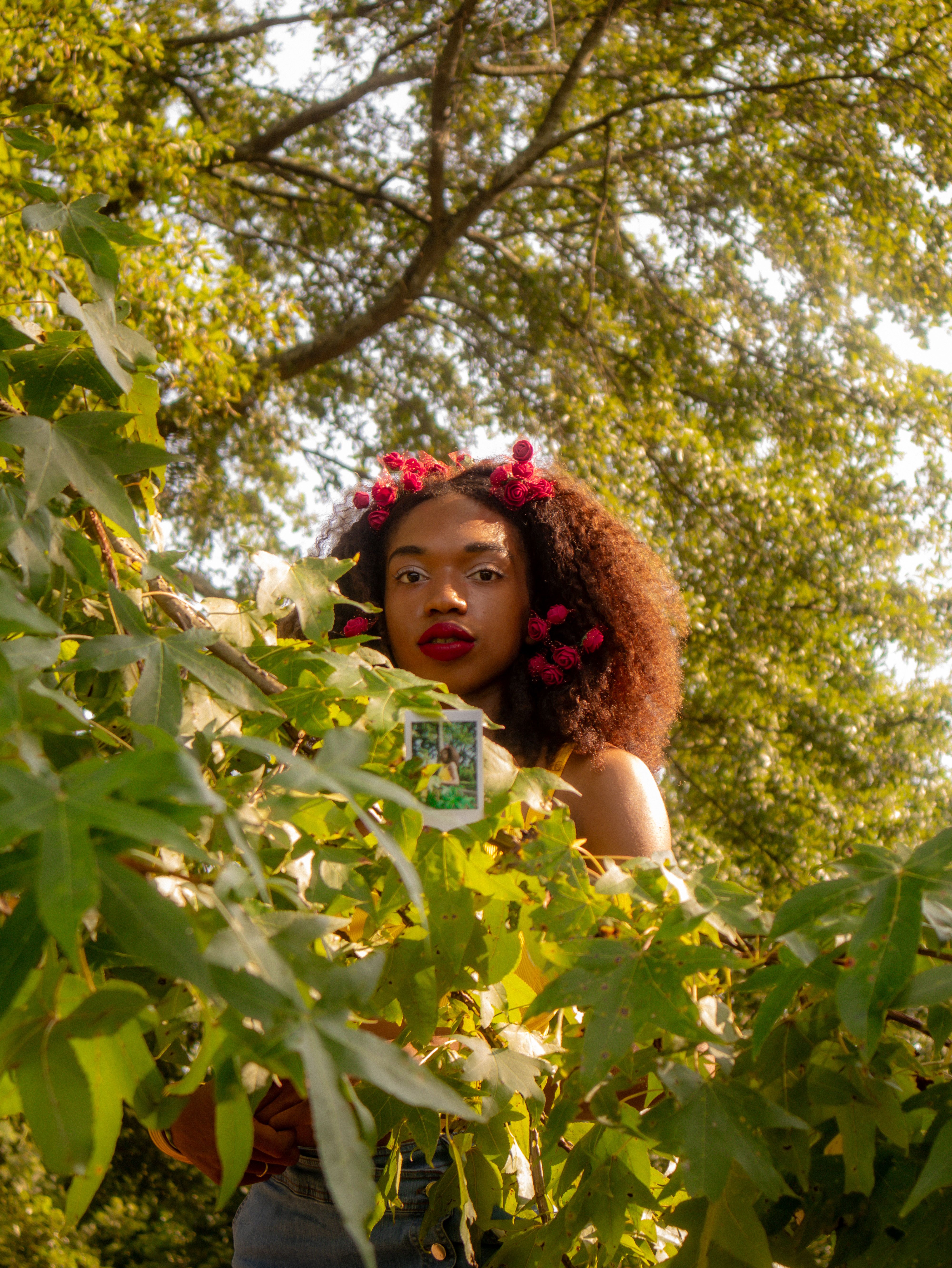 Woman with Curly Hair Standing among Bushes · Free Stock Photo