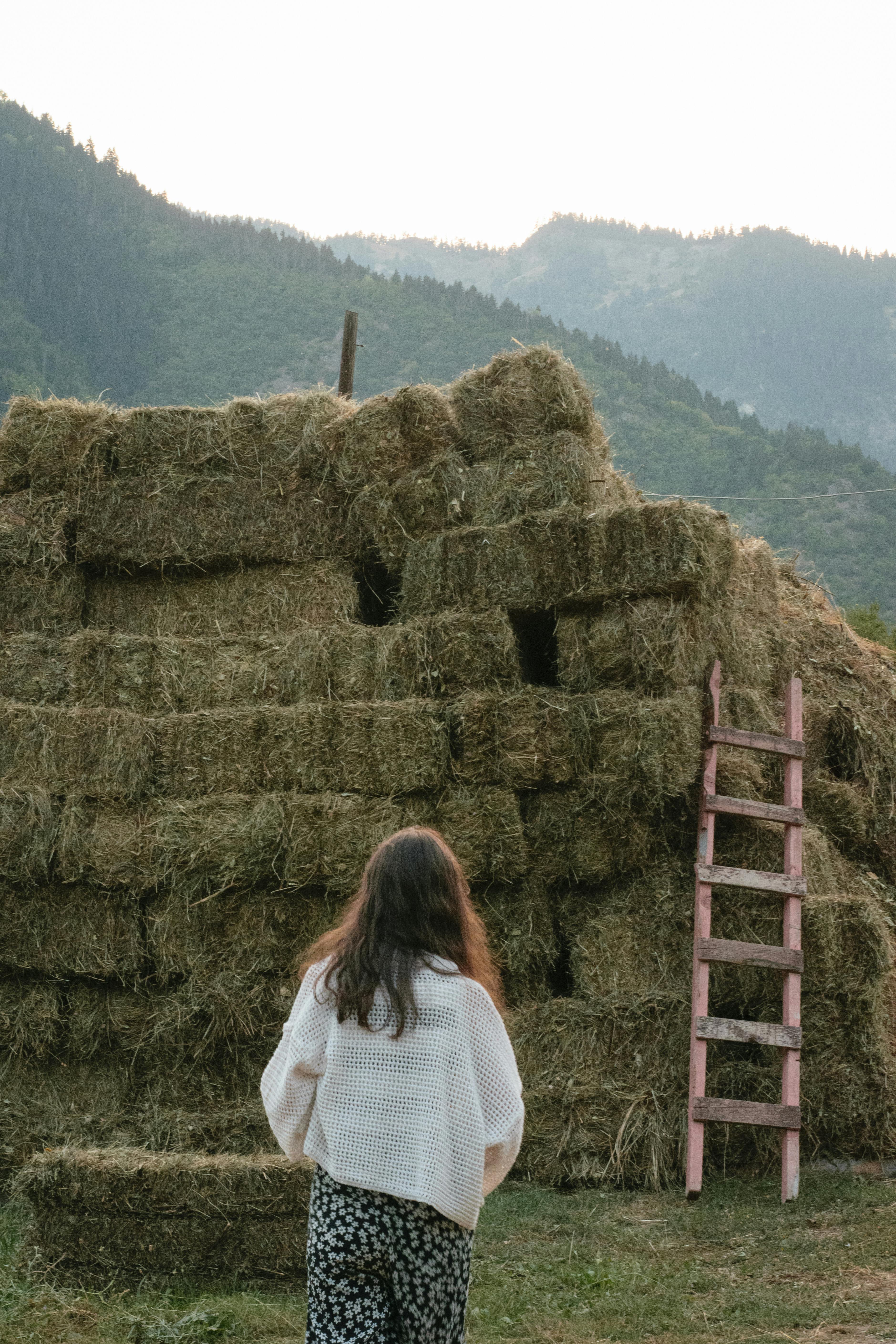 Back View of a Girl Walking near a Hay Stack on a Field · Free Stock Photo