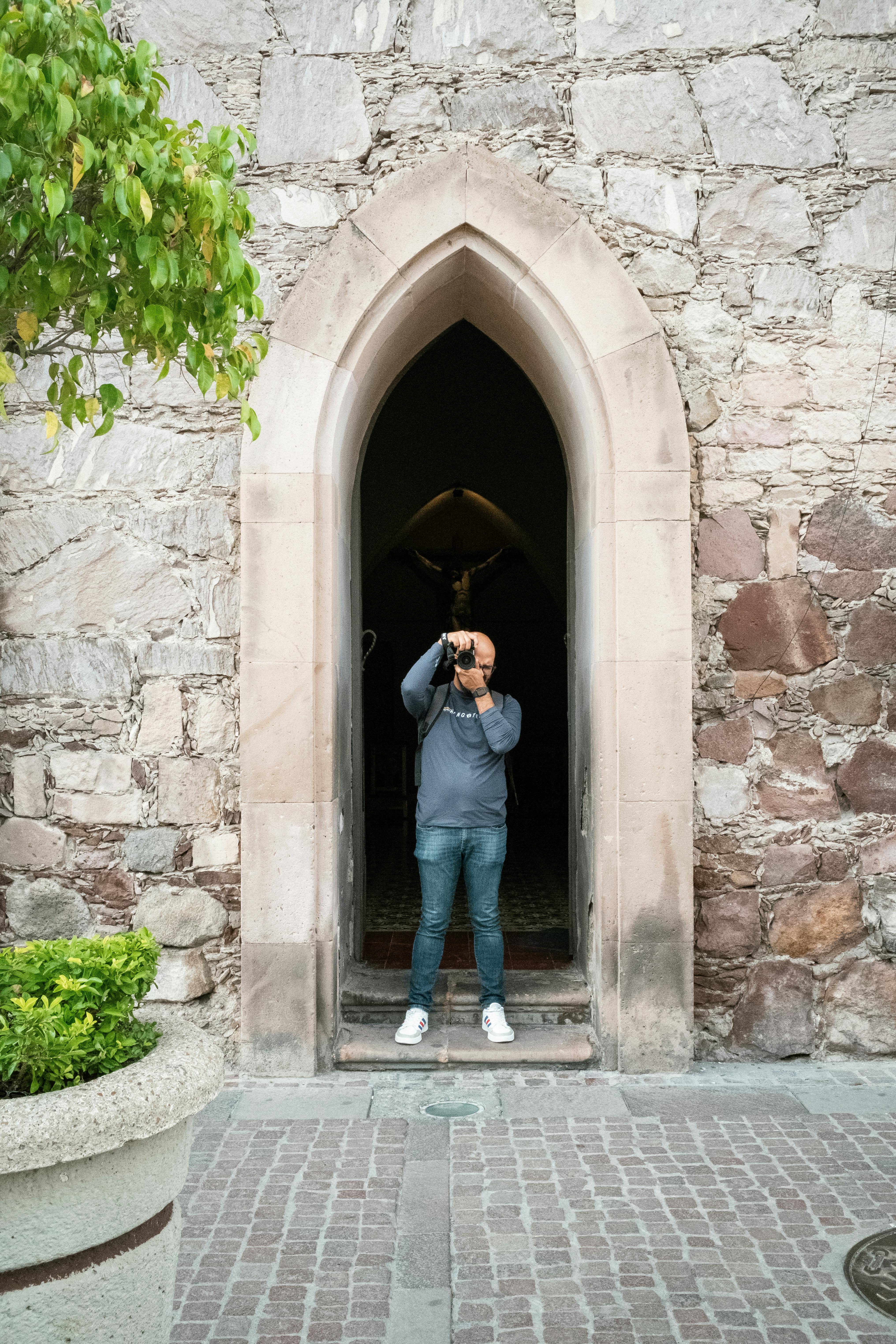 Man Photographing Roots of a Large Tree Arching Over a Footpath · Free ...