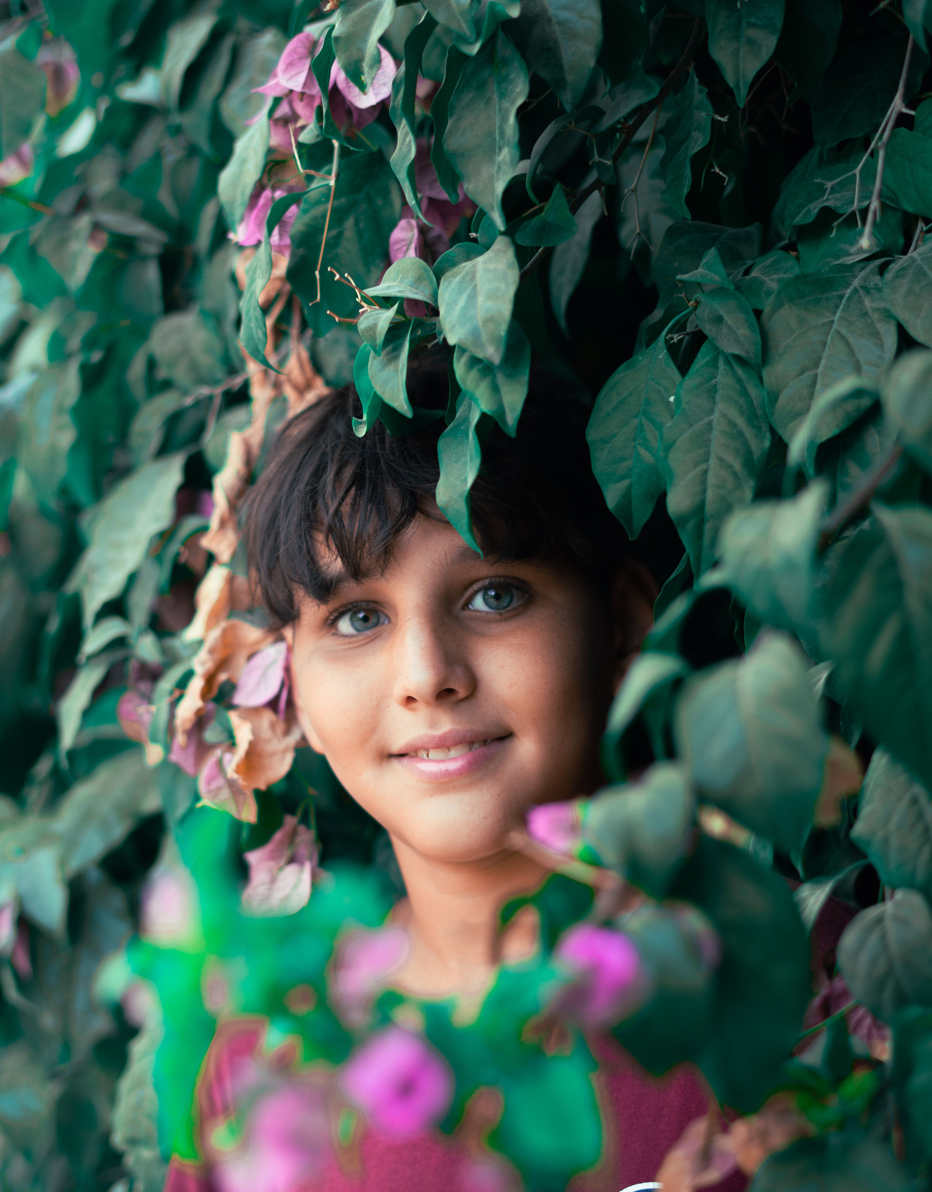 Smiling Girl Face among Leaves · Free Stock Photo