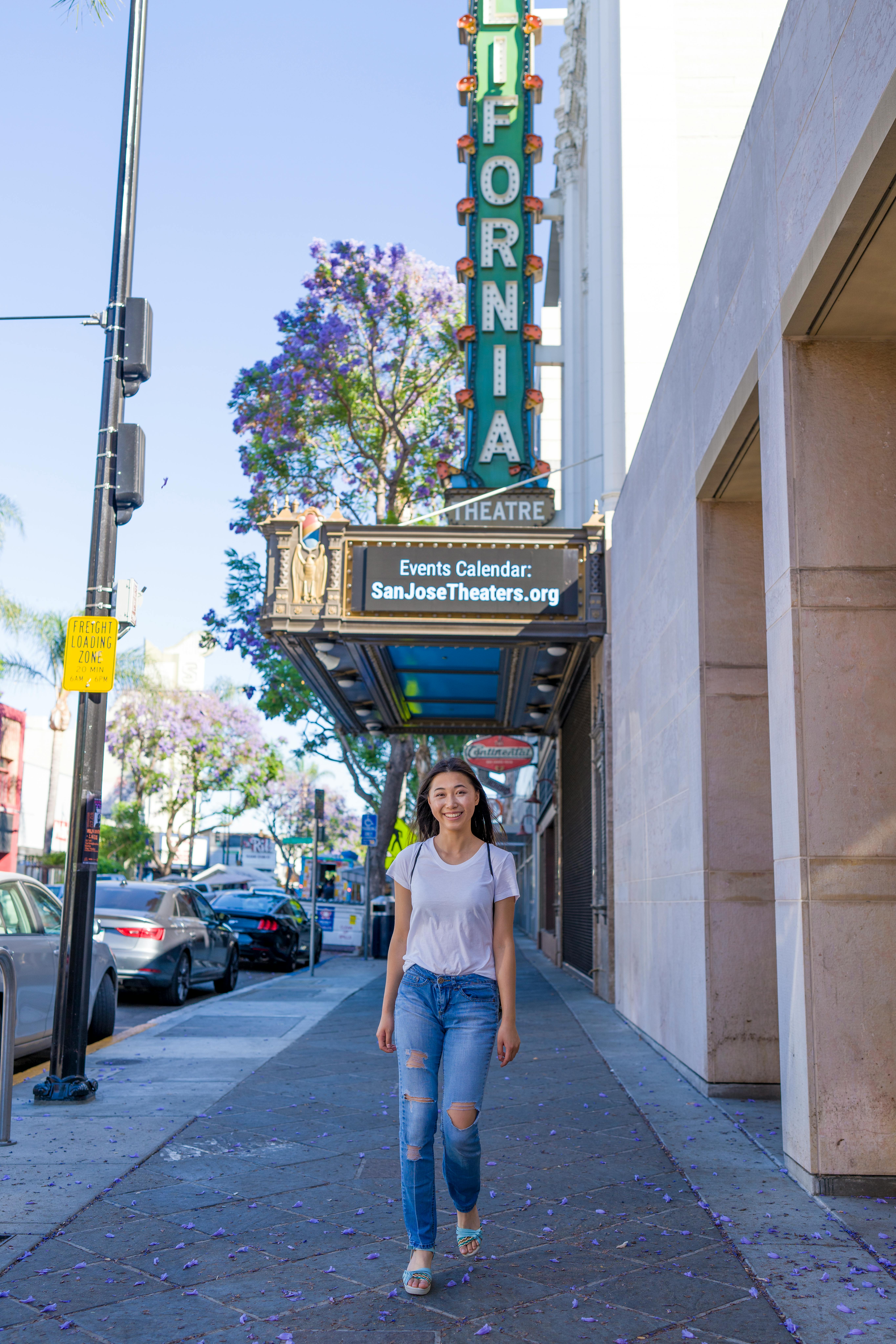 Beautiful Teenage Asian Girl Walking Down San Jose Street Facing Camera ...