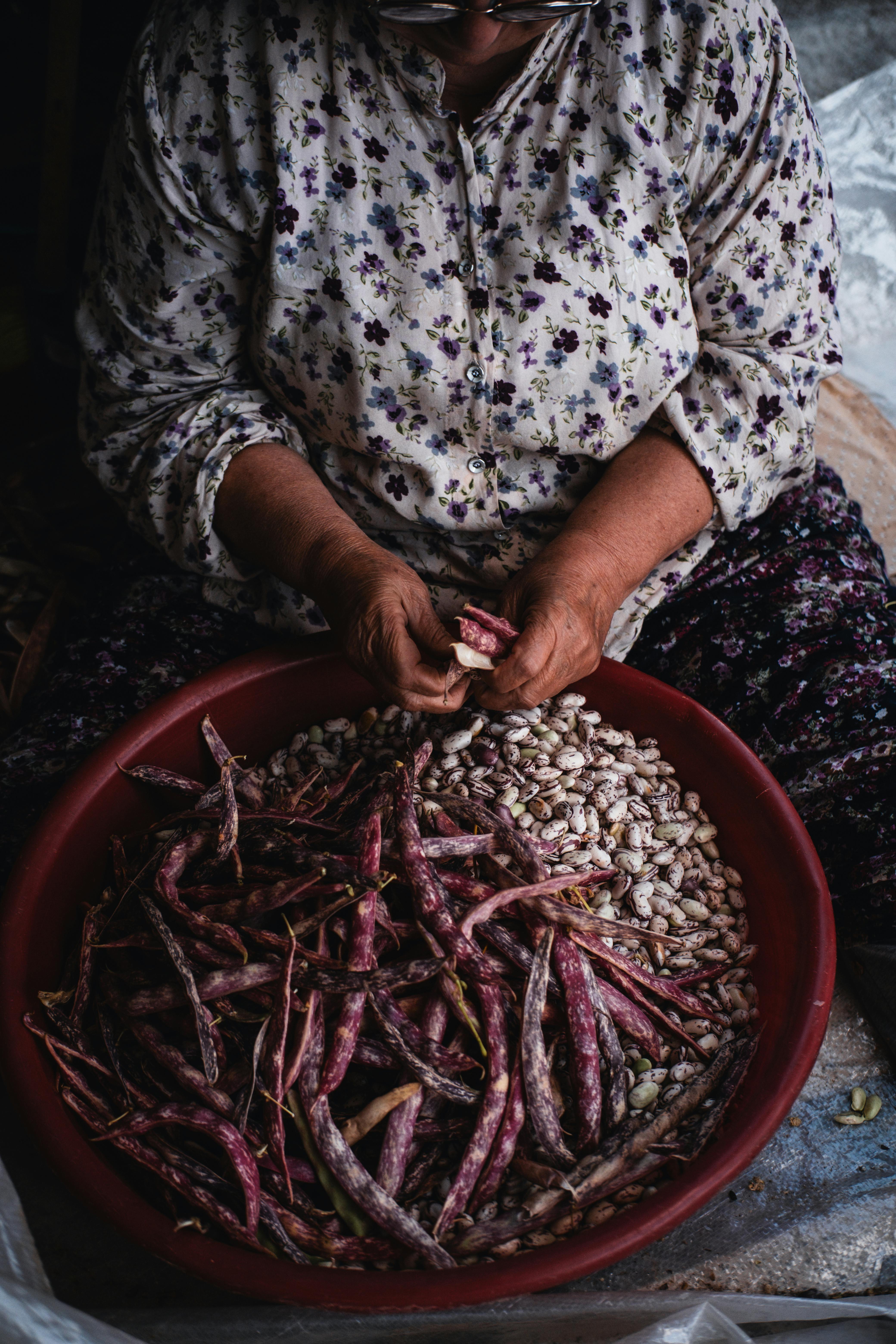 Sitting Woman Husking Seedcases of Red Spotted Bean · Free Stock Photo