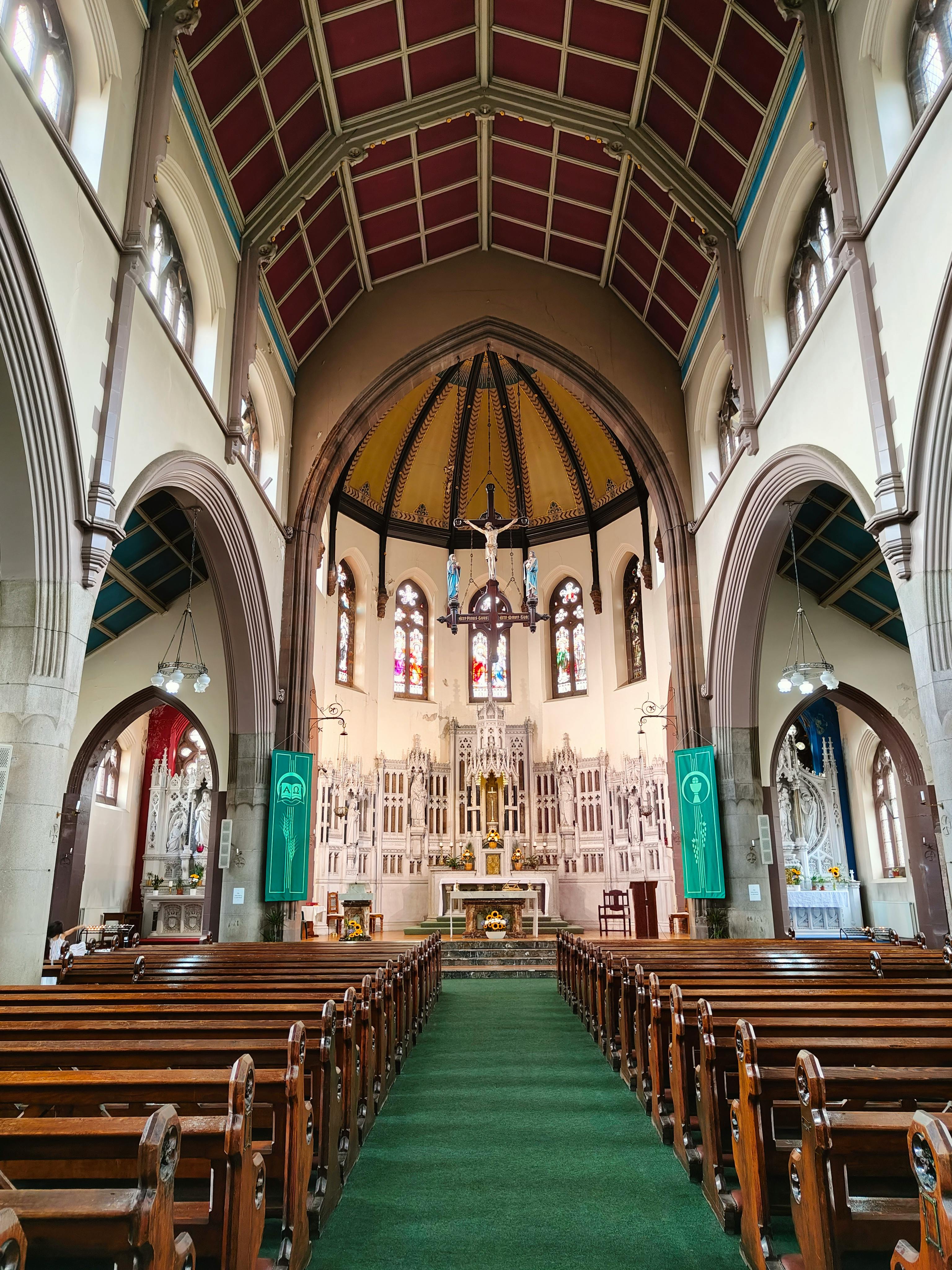 Symmetrical View of a Church Interior with Benches in Perspective ...