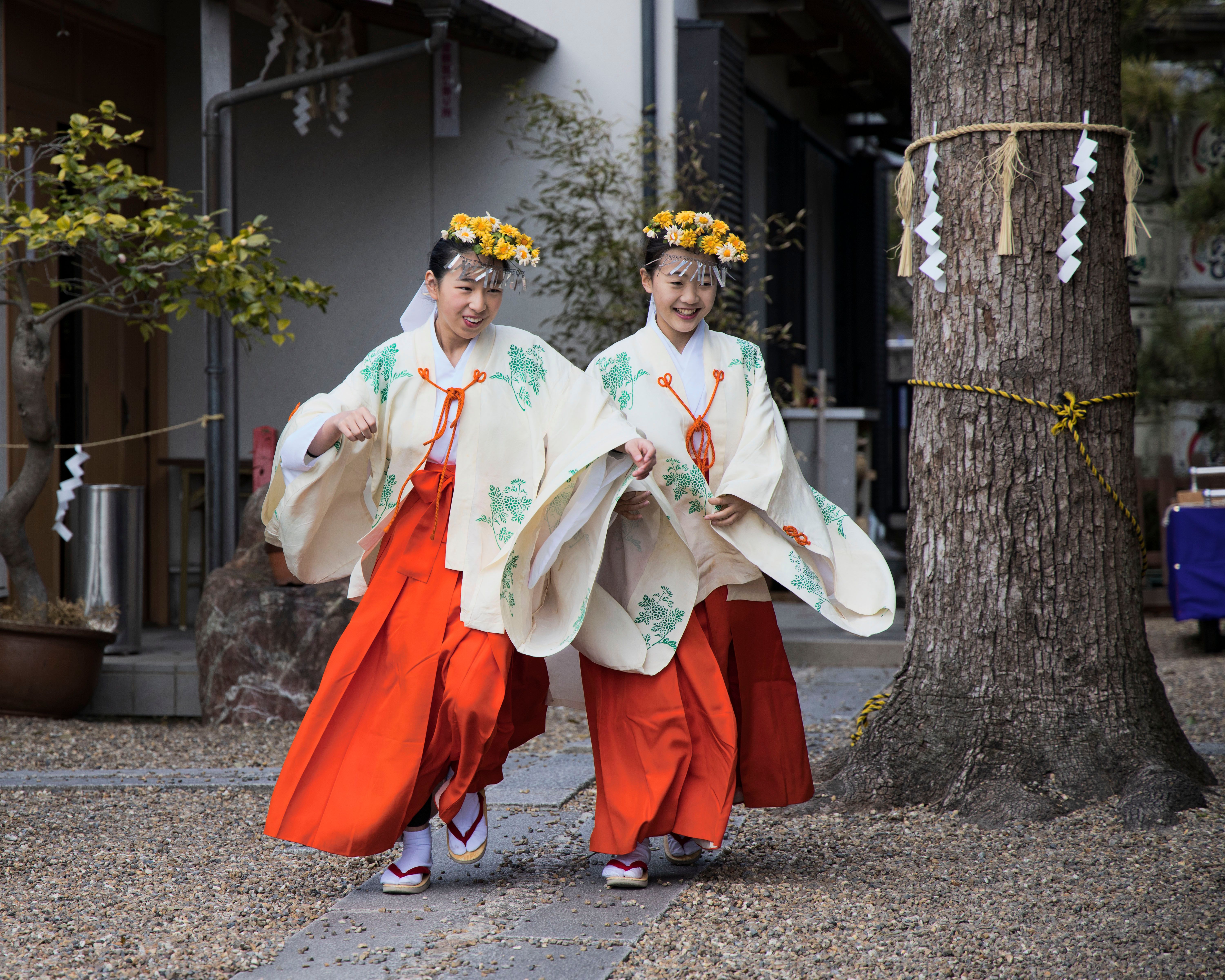 Smiling Women in Traditional Clothing Walking around Tree · Free Stock ...