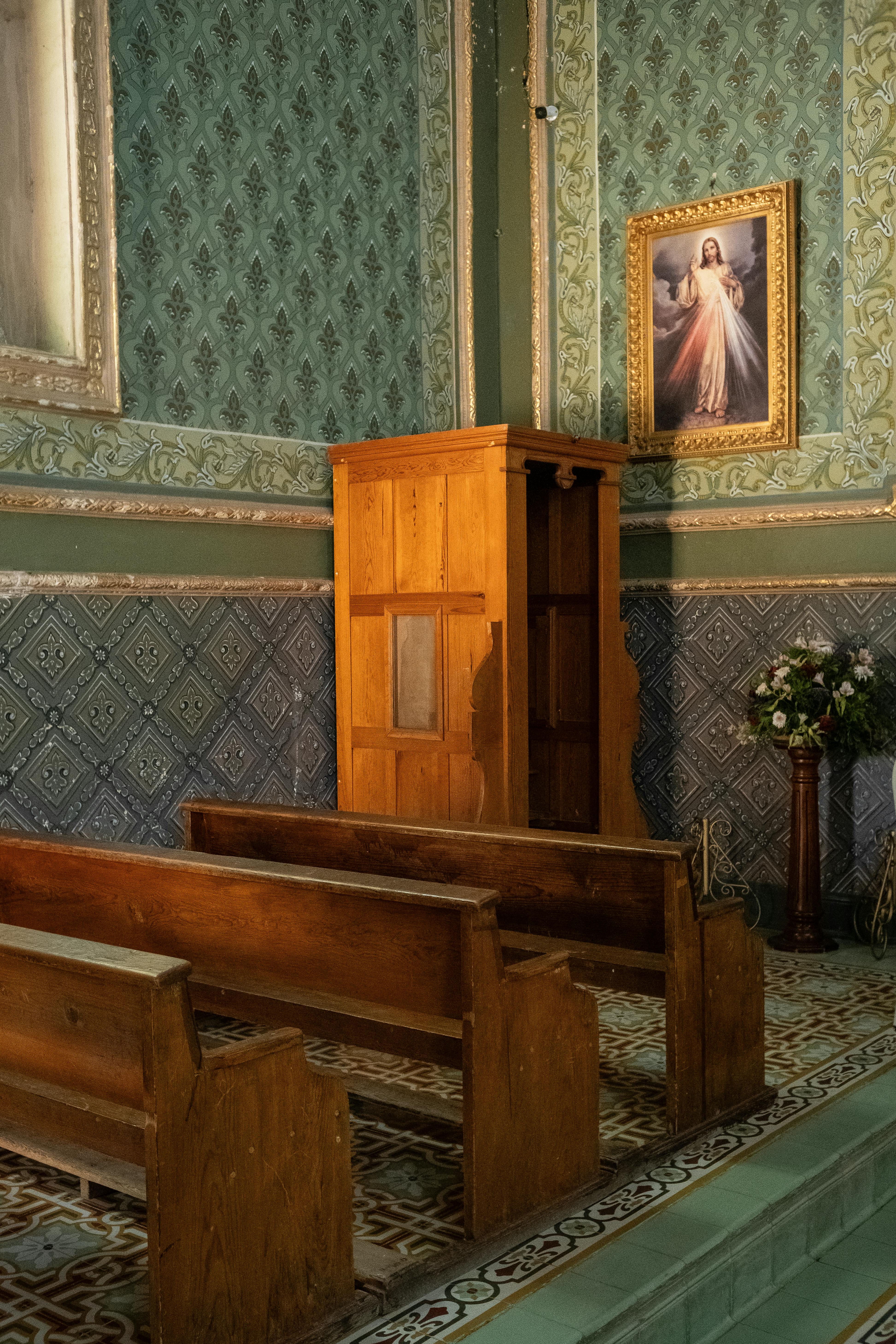 Benches and Confessional in Church · Free Stock Photo