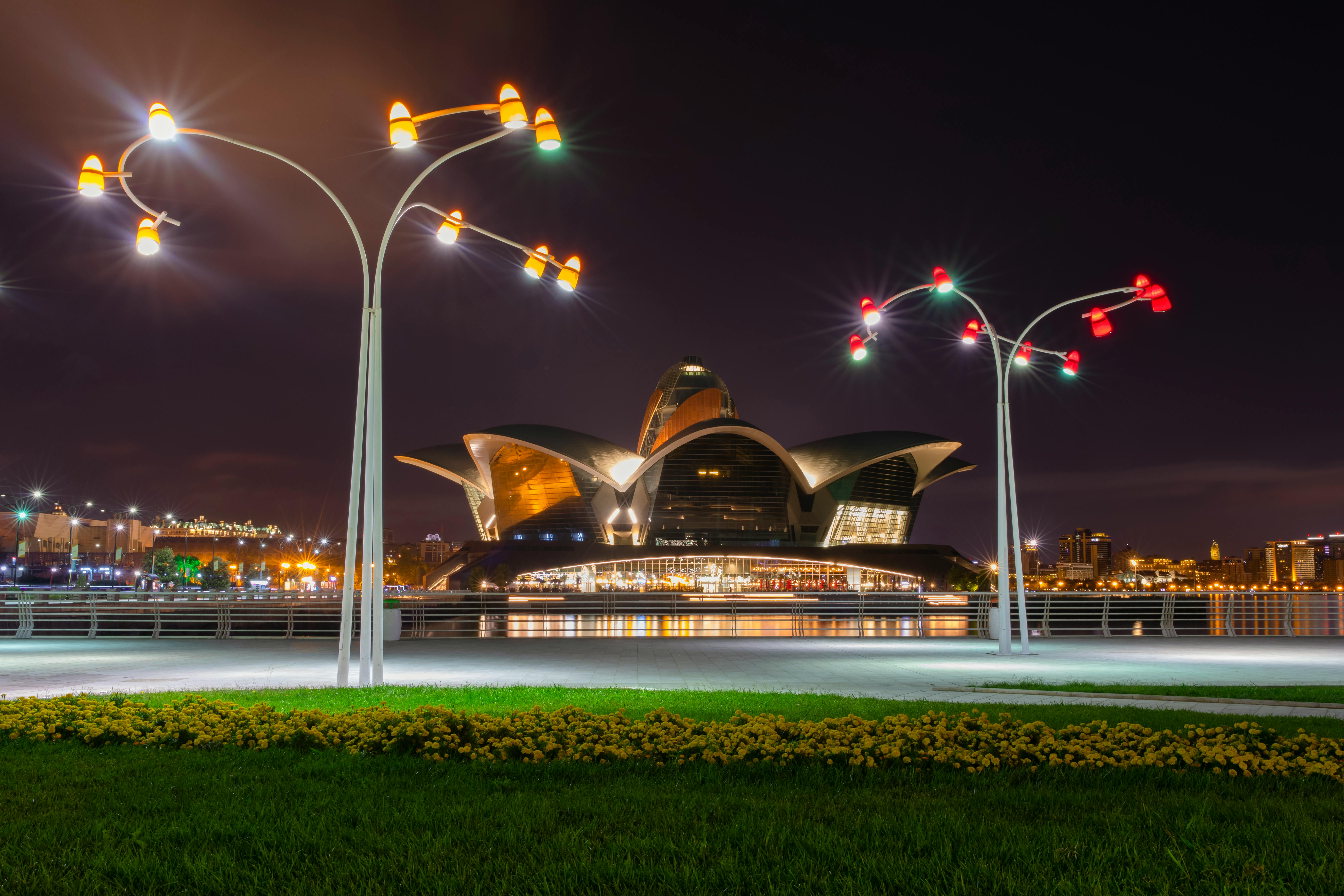 Caspian Waterfront Mall from Devils Wheel Park in Baku at Night · Free ...