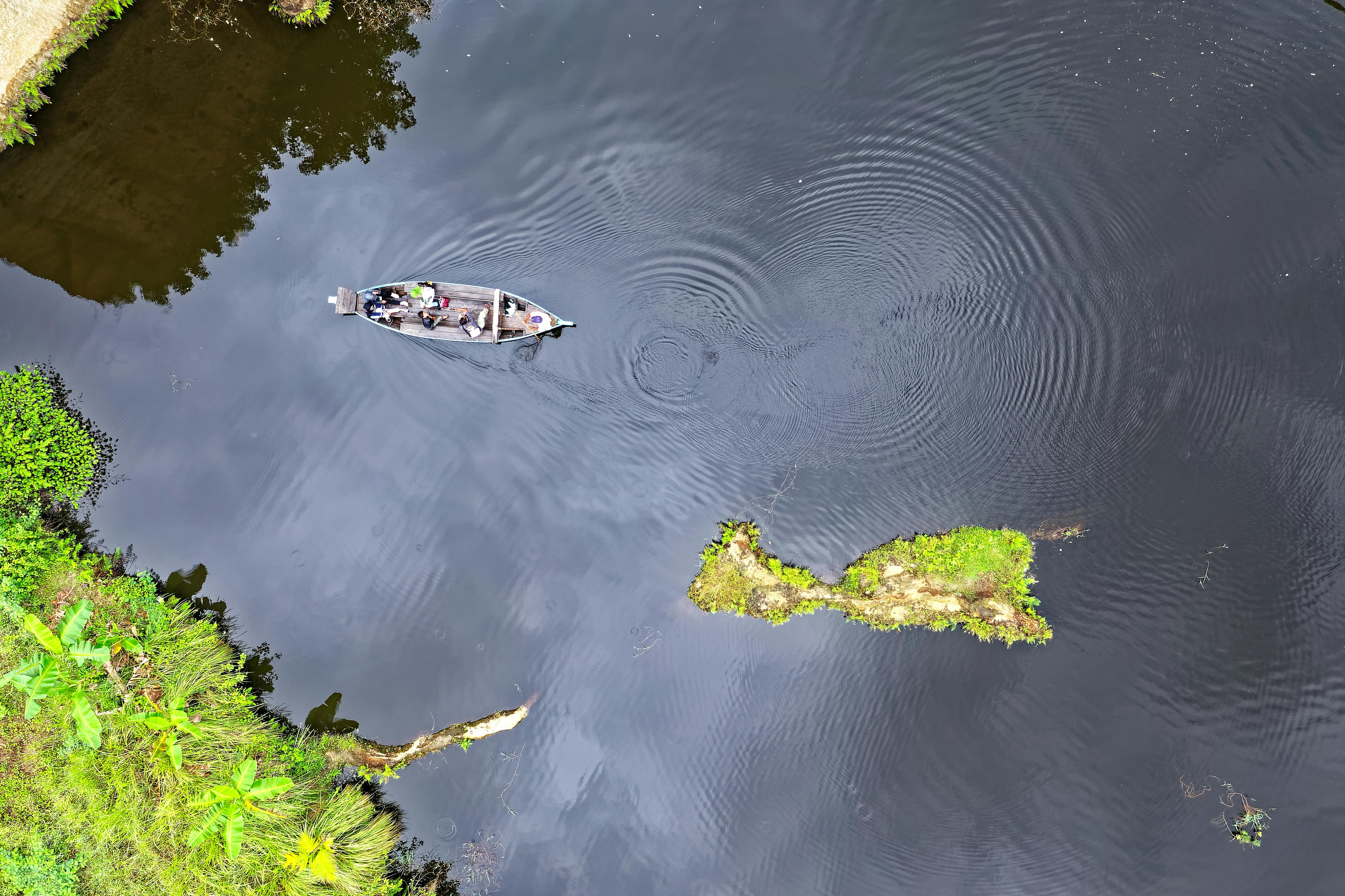 Aerial View Black Wooden Row Boat on Body of Water · Free Stock Photo