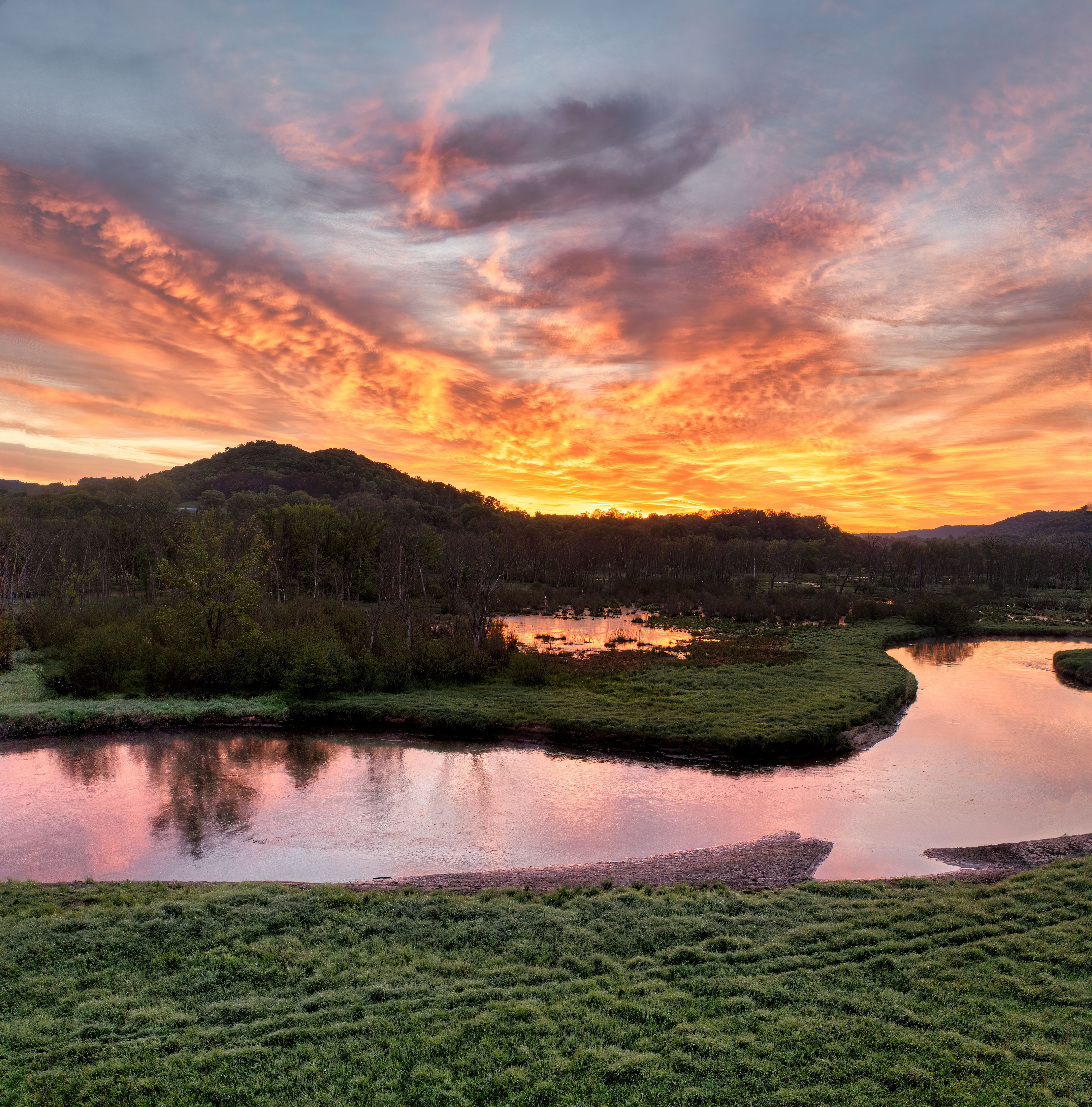 Wetlad, River Bend, Forest and Hill at Sunset · Free Stock Photo