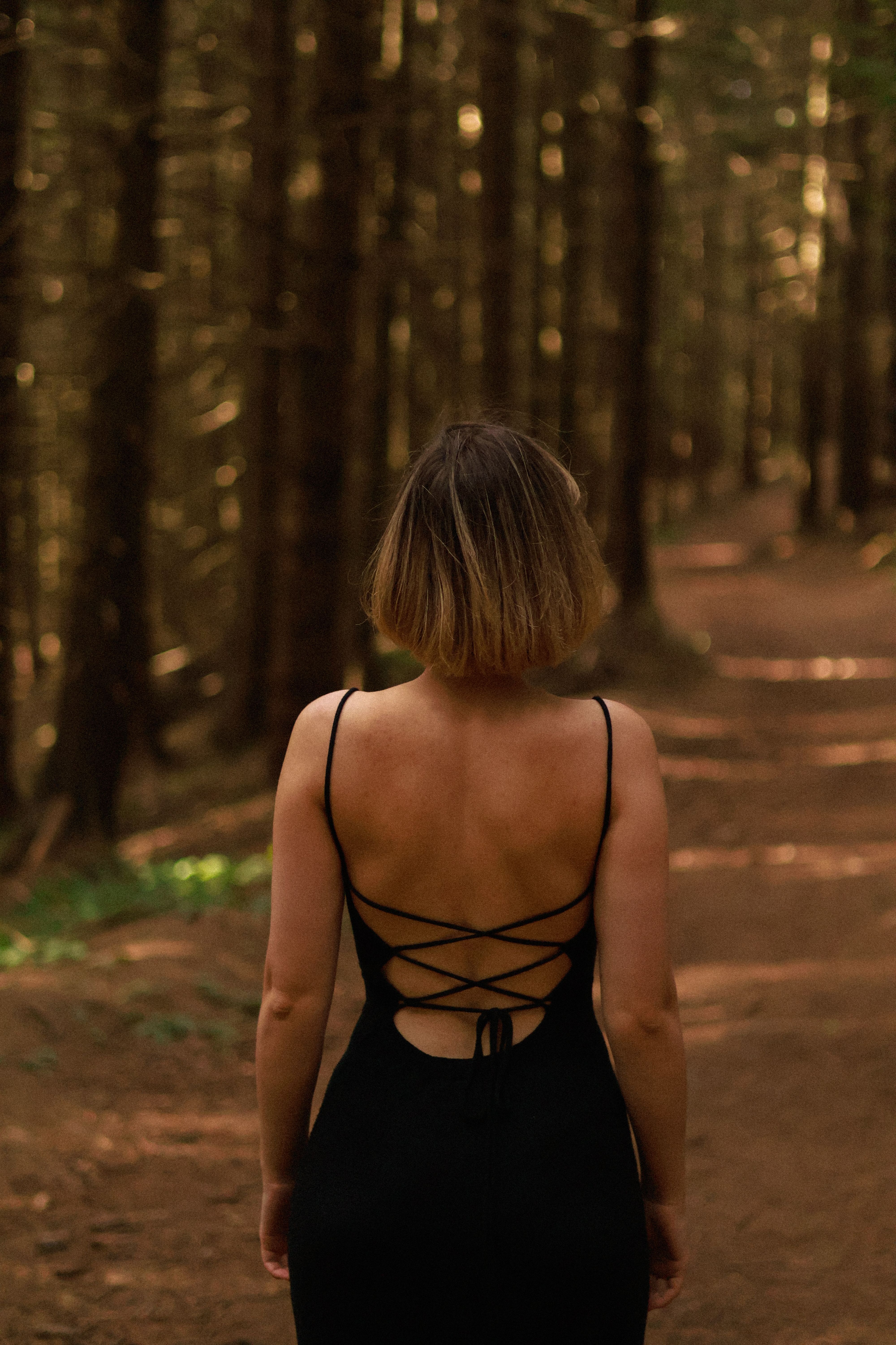 Woman in Black Tied on Back Dress Standing on Footpath in Forest · Free ...