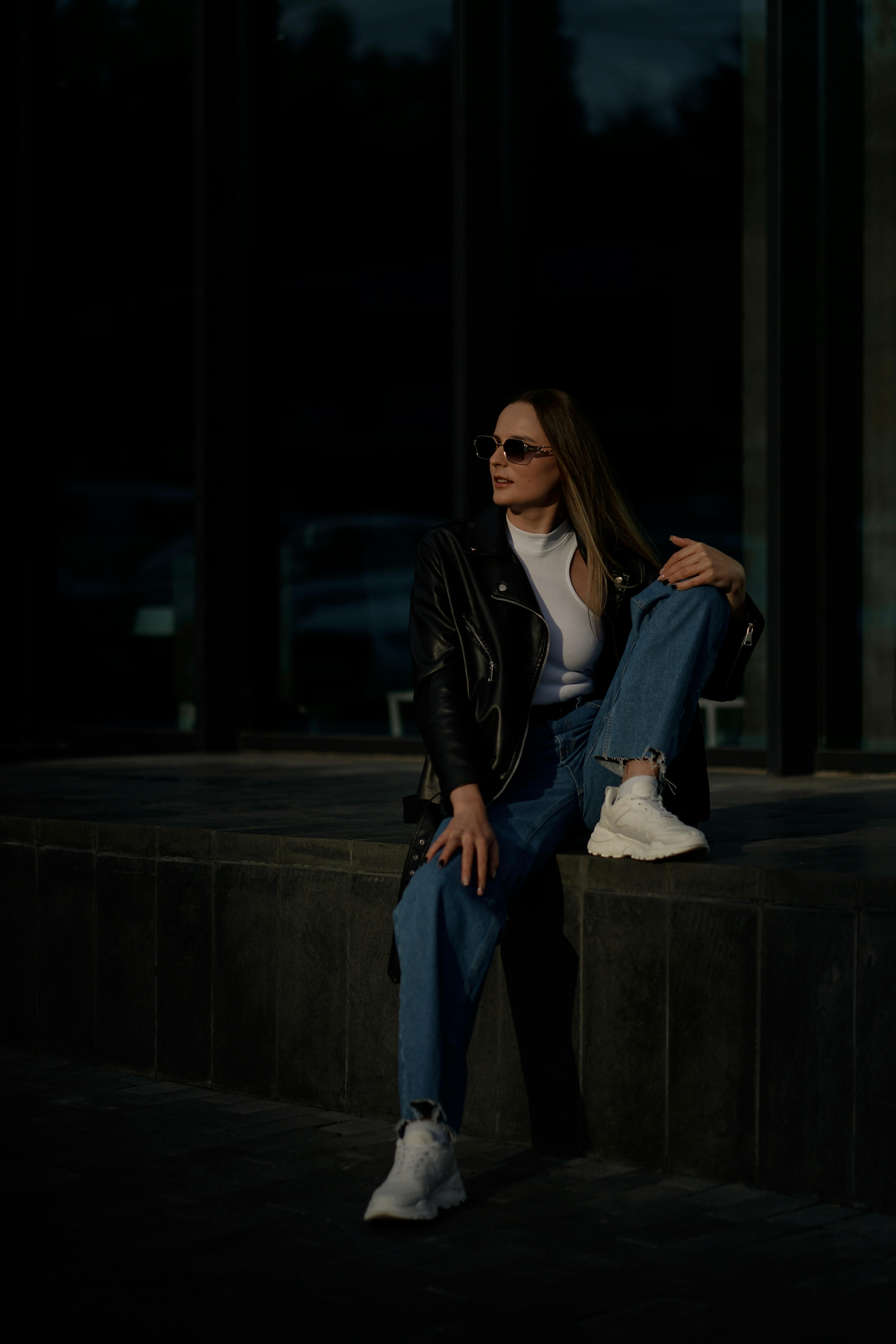 Model Posing in Leather Jacket and Jeans · Free Stock Photo