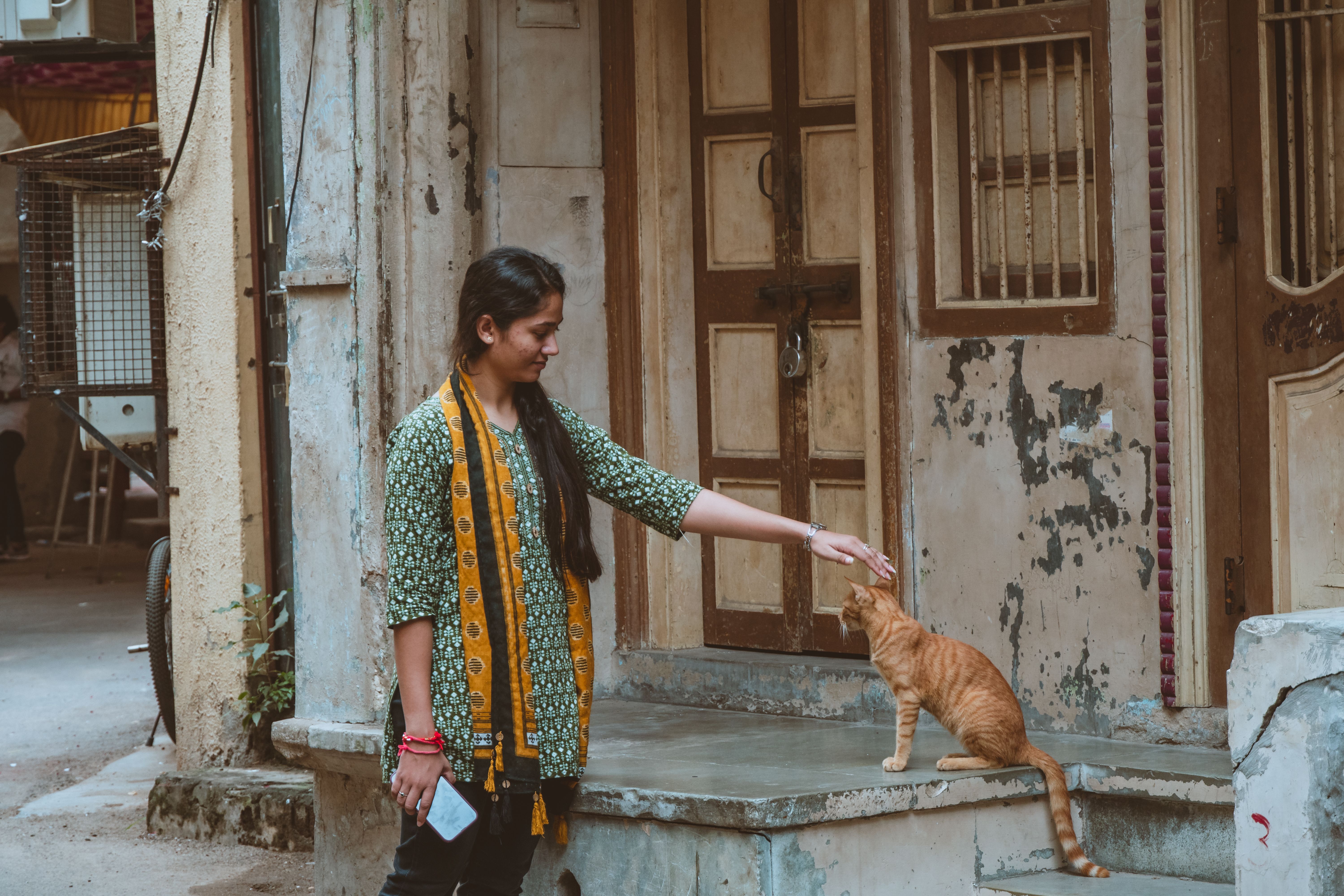 Woman Stroking a Cat on a Street · Free Stock Photo
