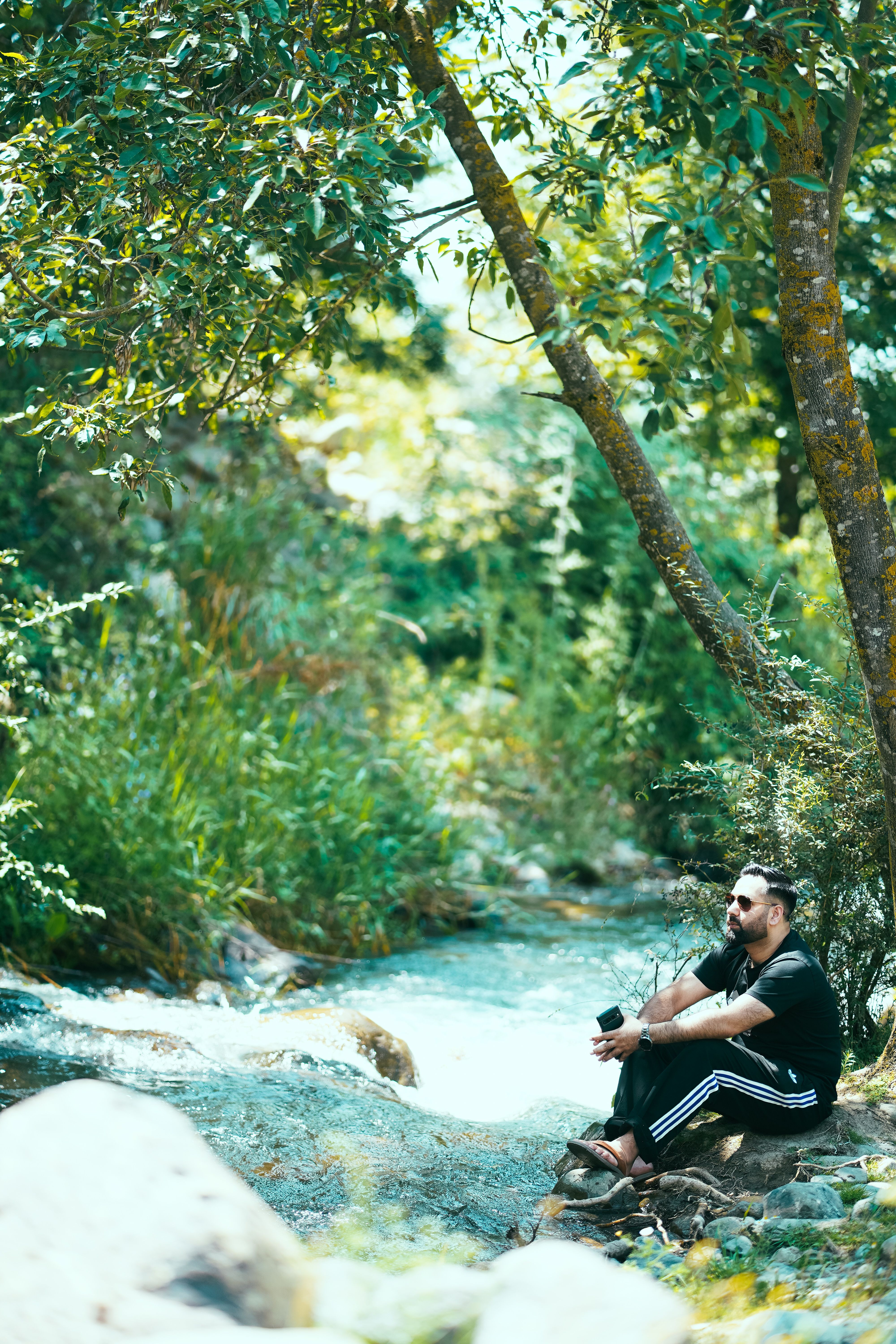 Man Sitting by Stream in Forest · Free Stock Photo