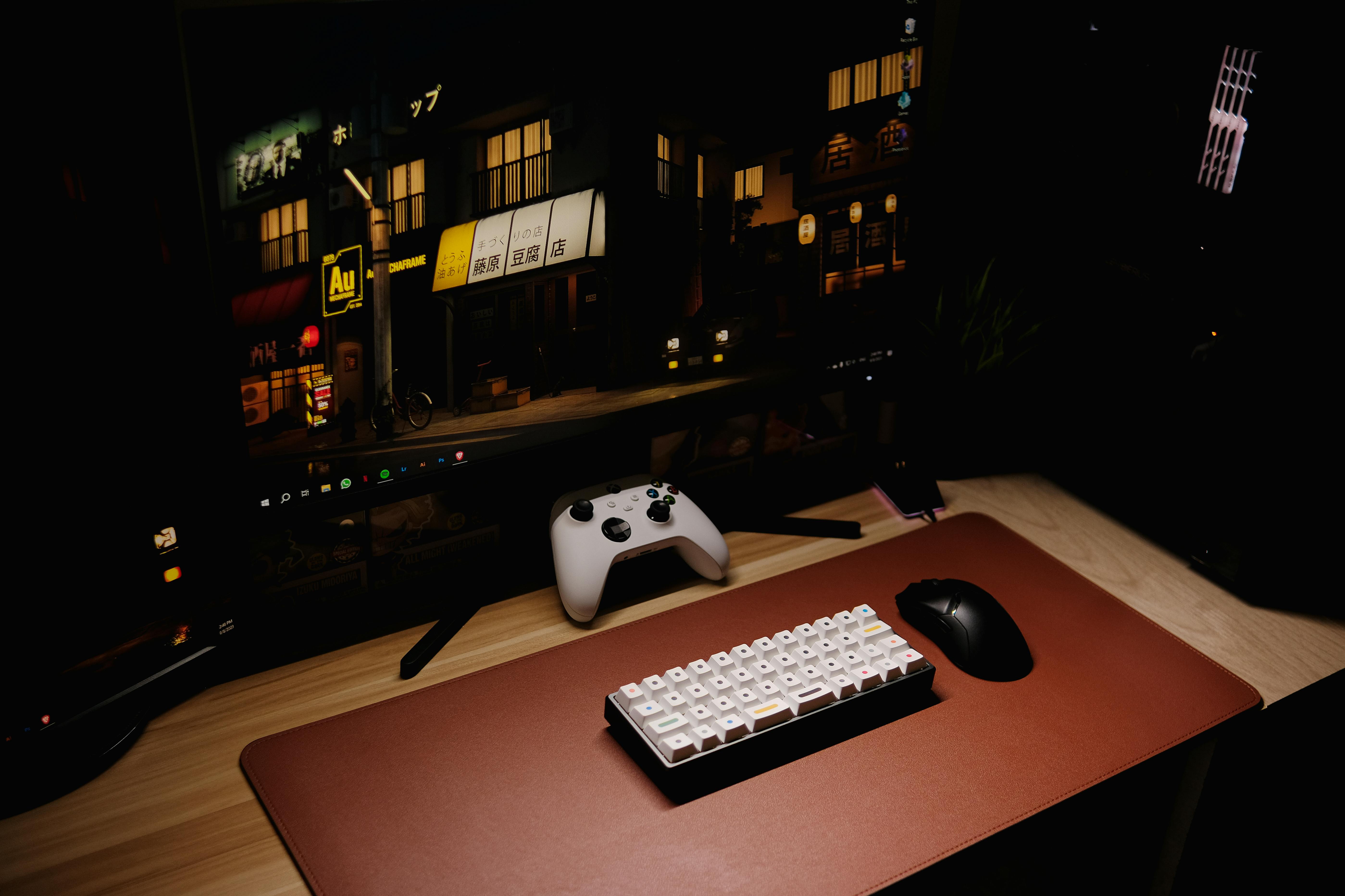 Keyboard, Mouse and Controller near Monitor · Free Stock Photo