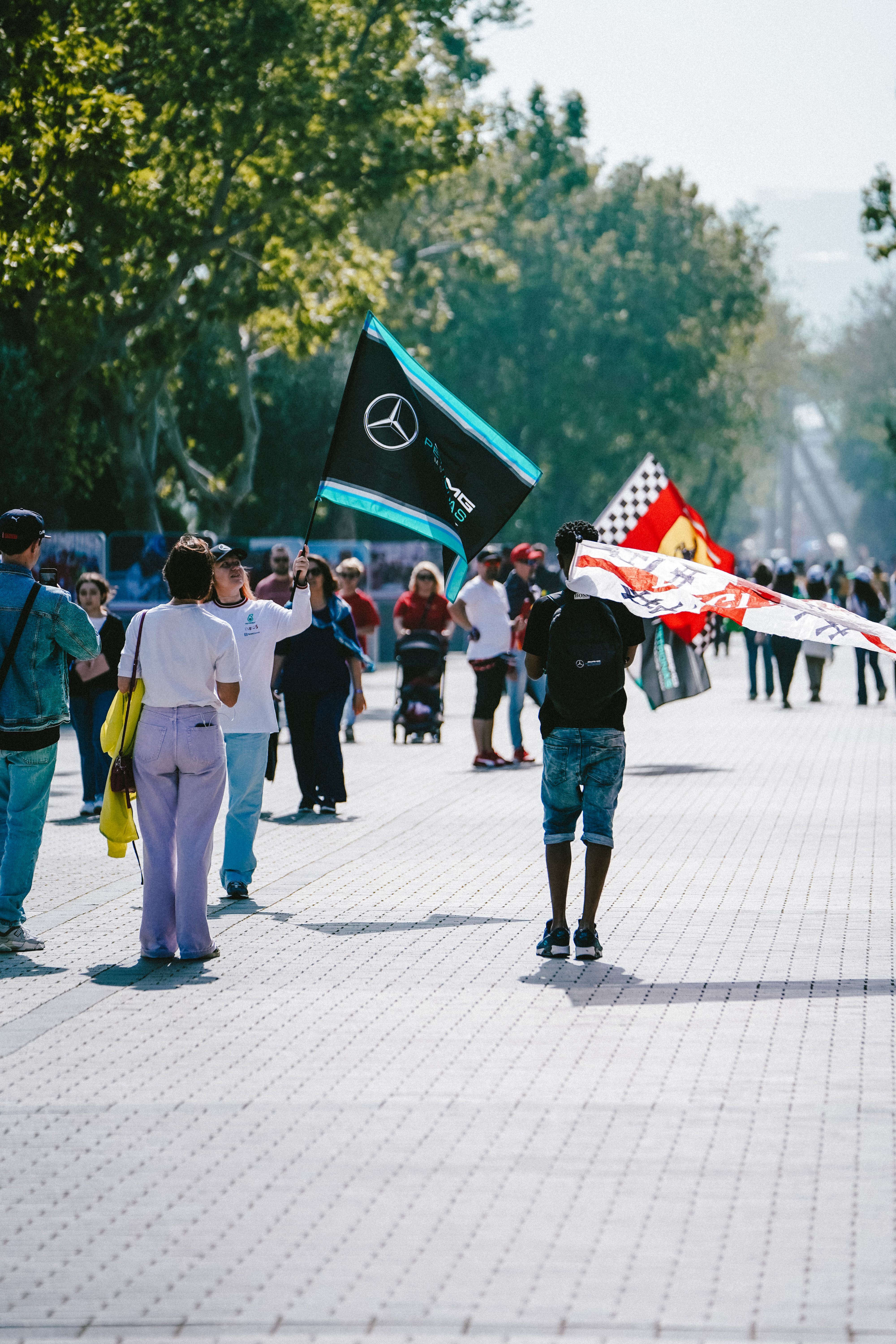 People with Formula 1 Flags in Sunlit Park in City · Free Stock Photo