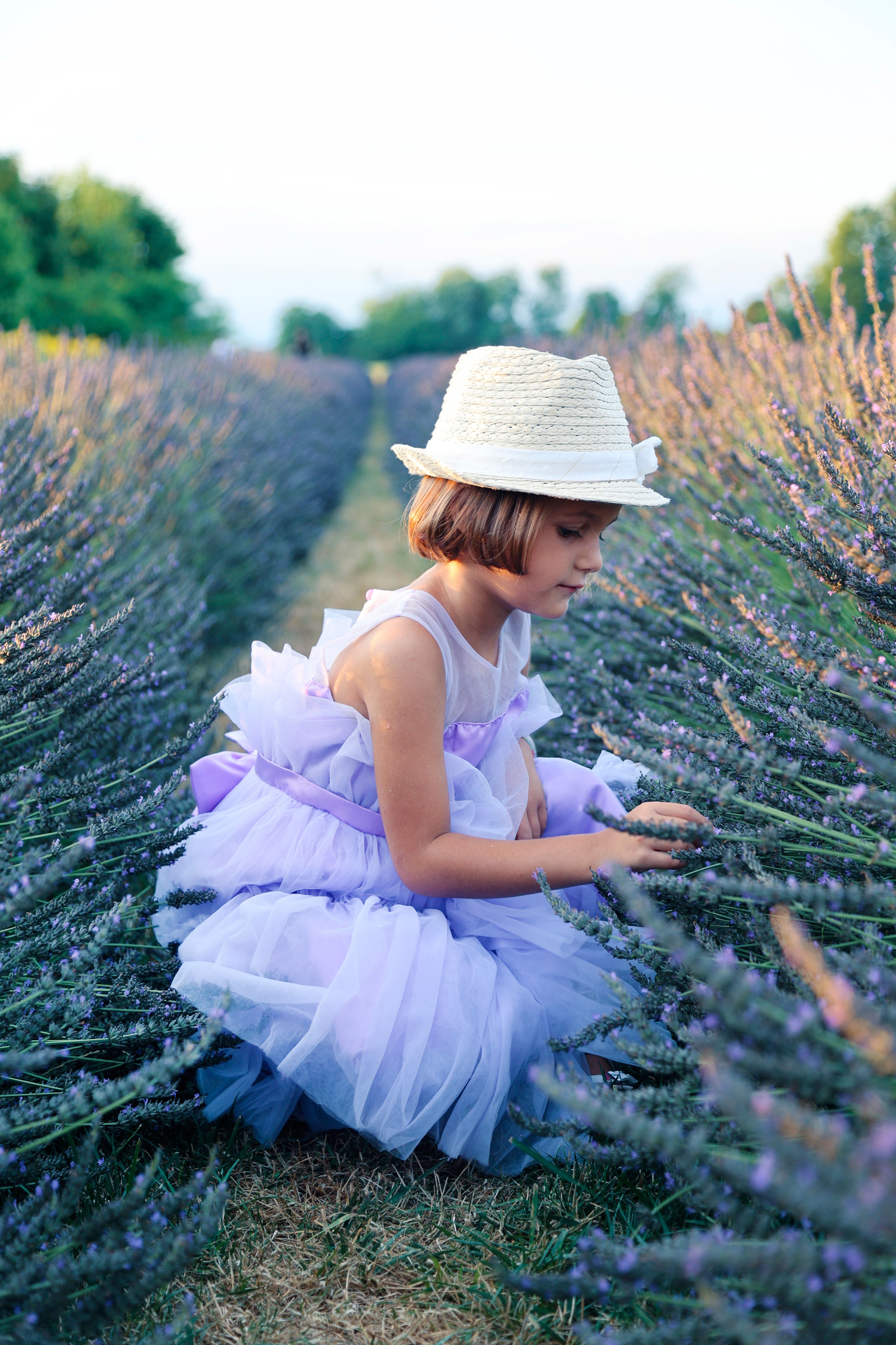 Girl in Straw Sunhat Touching Lavender Flowers · Free Stock Photo