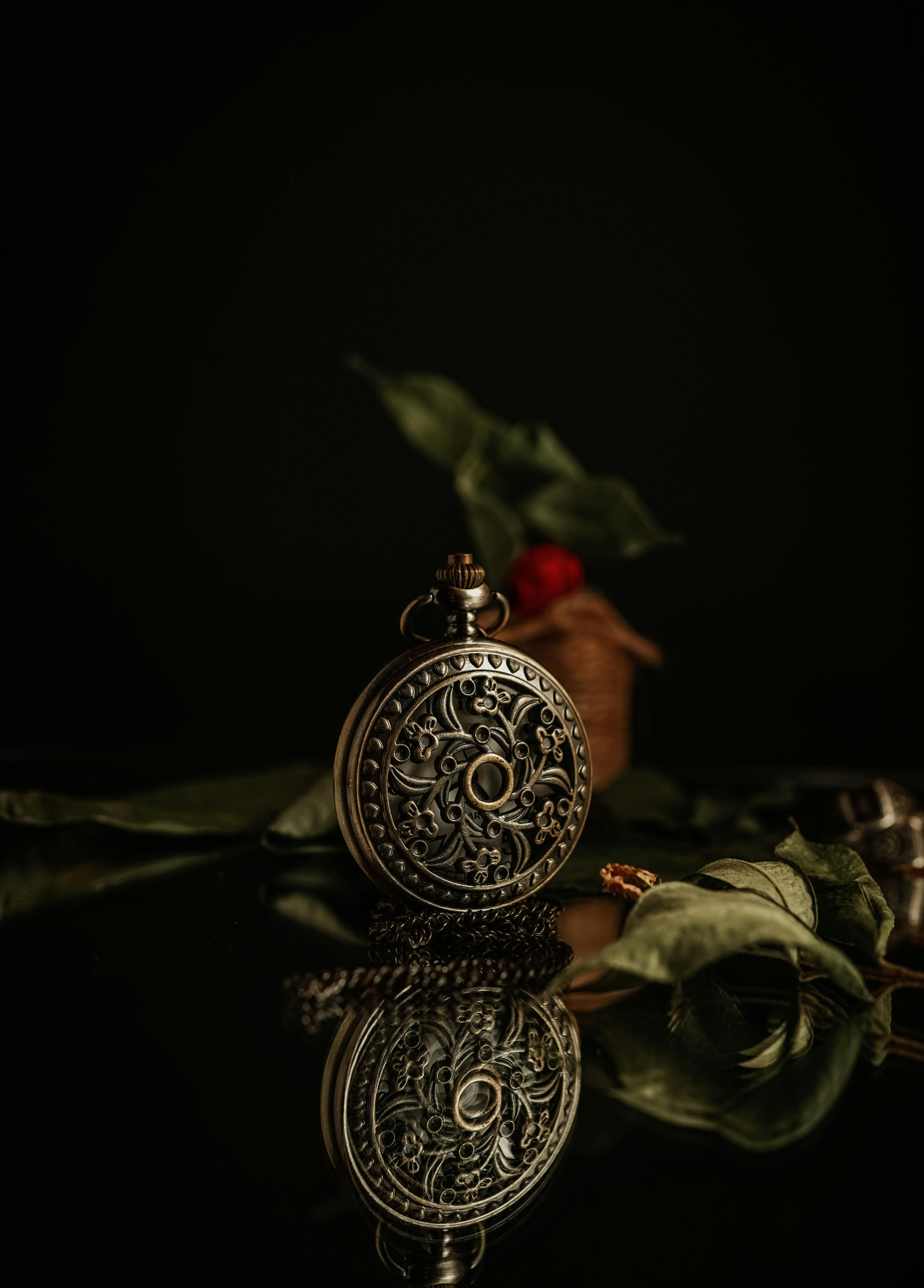 Still Life with Retro Bronze Pocket Watch · Free Stock Photo