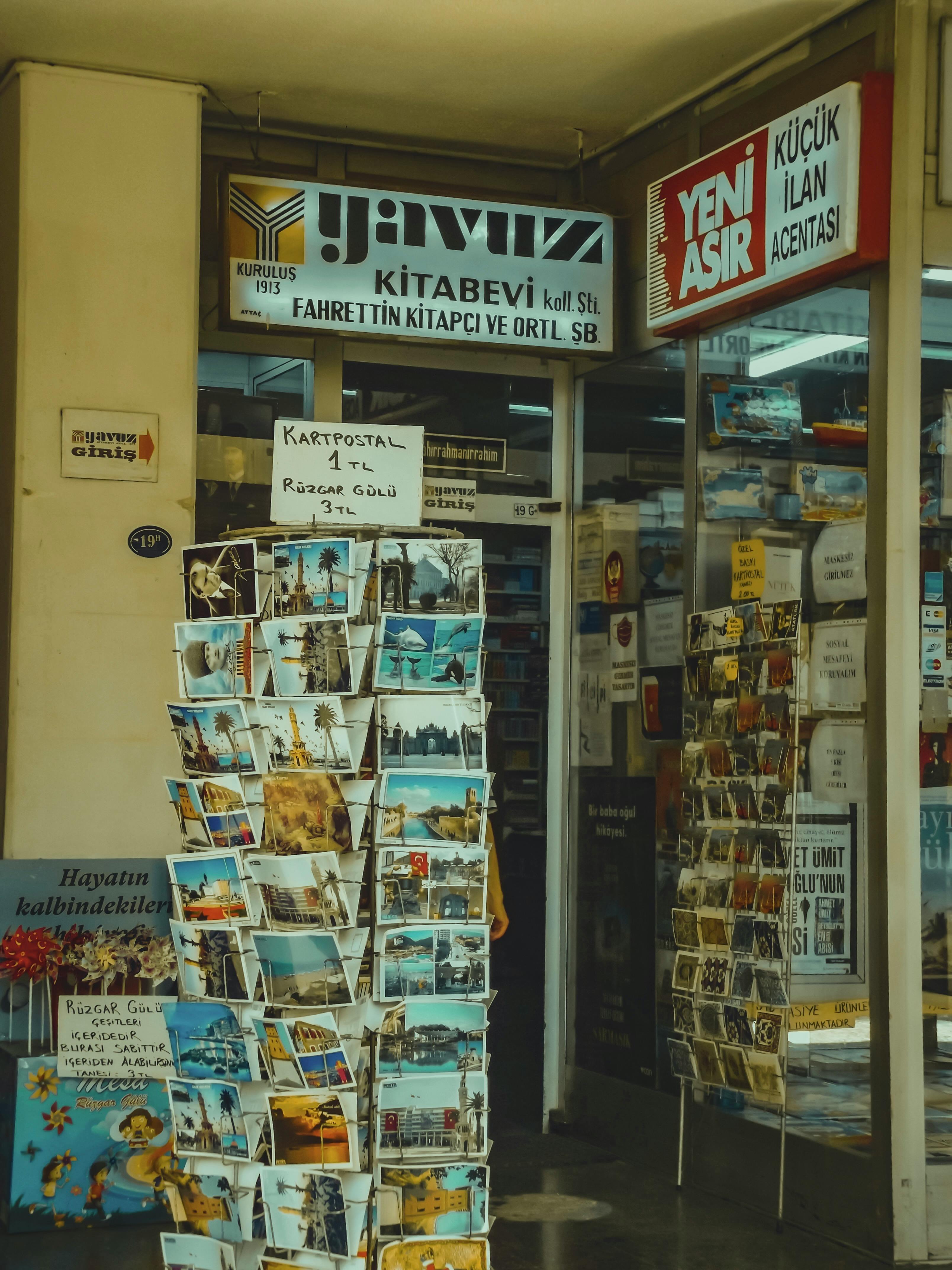 Postcards in Entrance to Bookstore in Turkey · Free Stock Photo