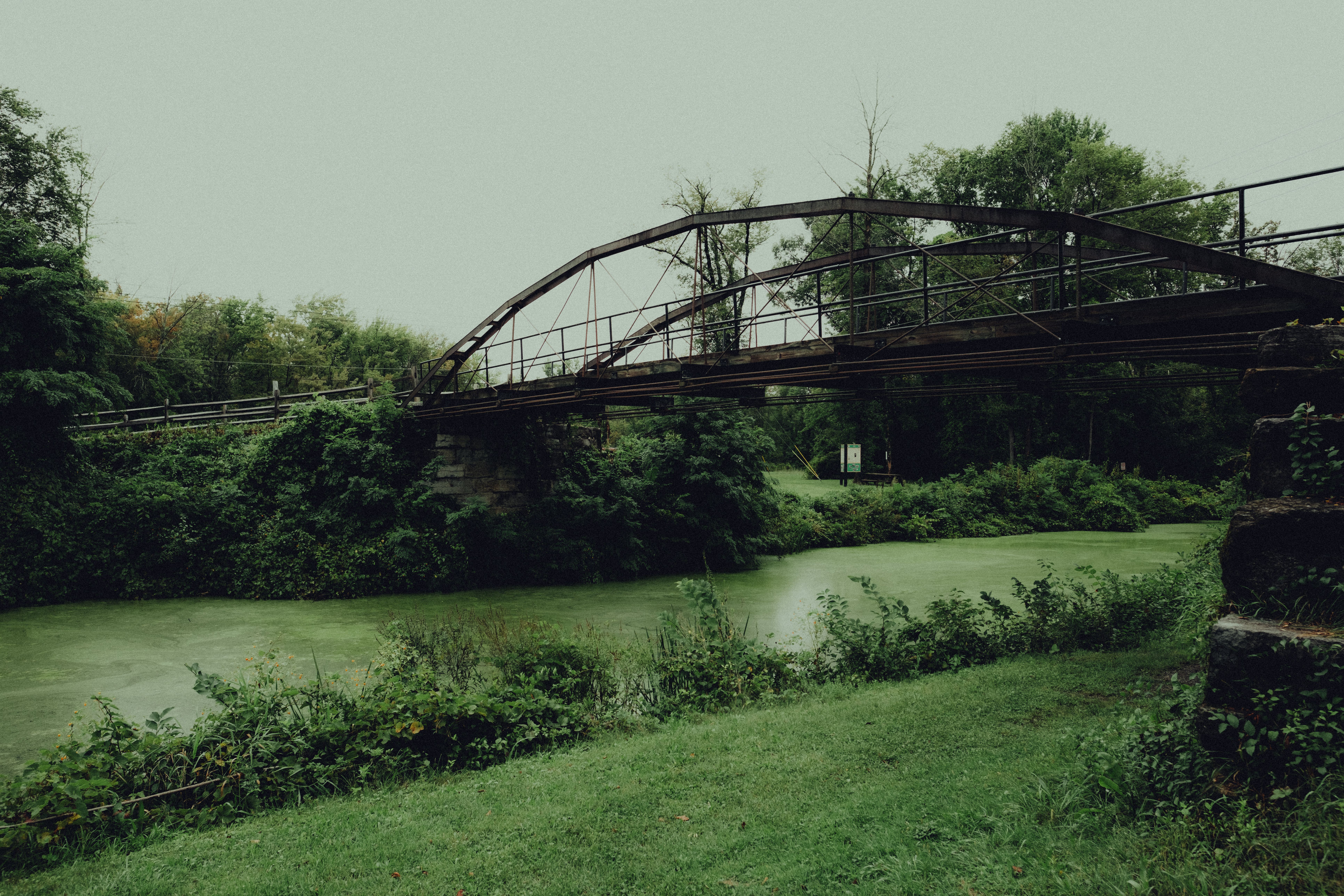 A bridge over a river with green grass and trees · Free Stock Photo