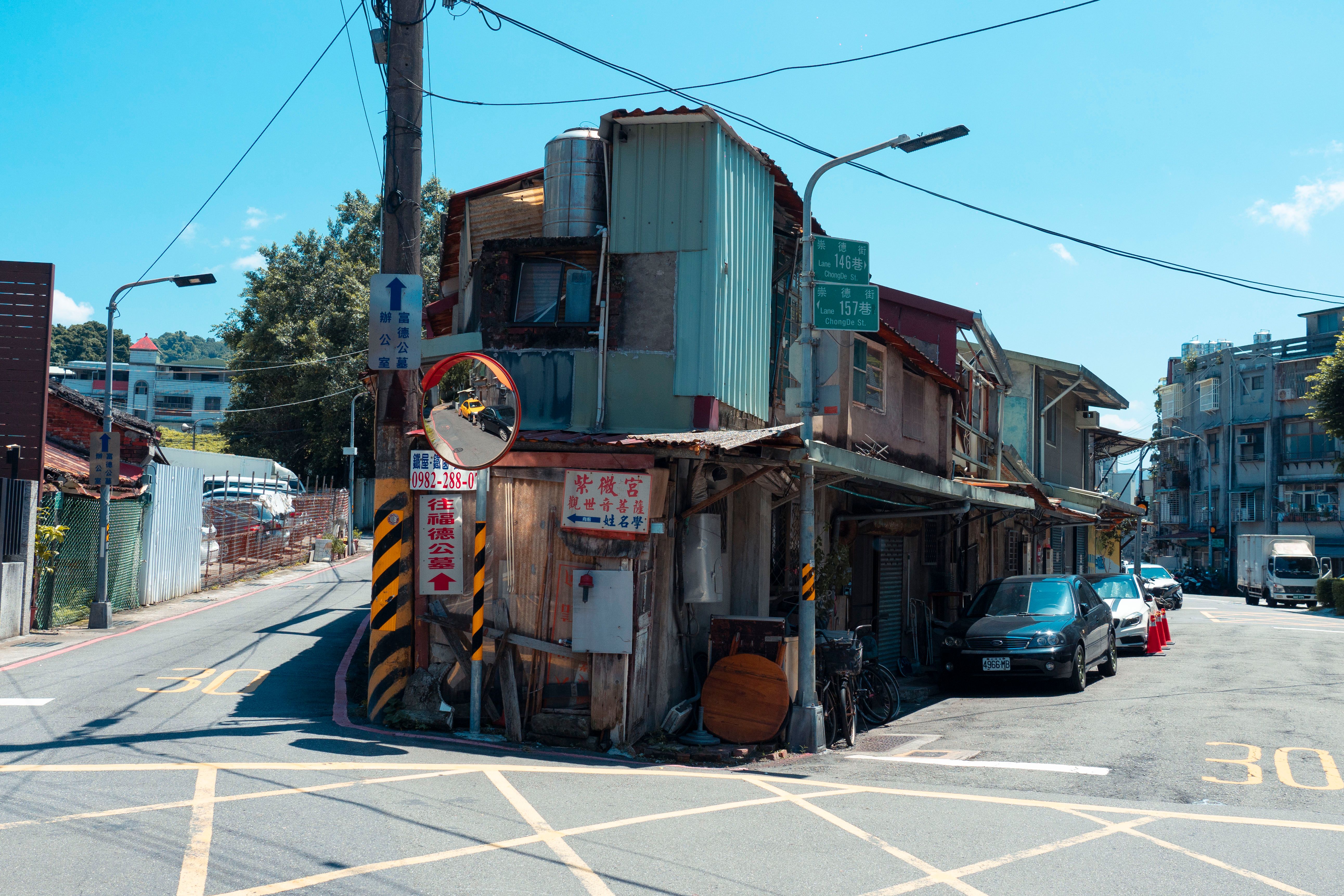 Street Intersection with a Mirror on the Corner · Free Stock Photo