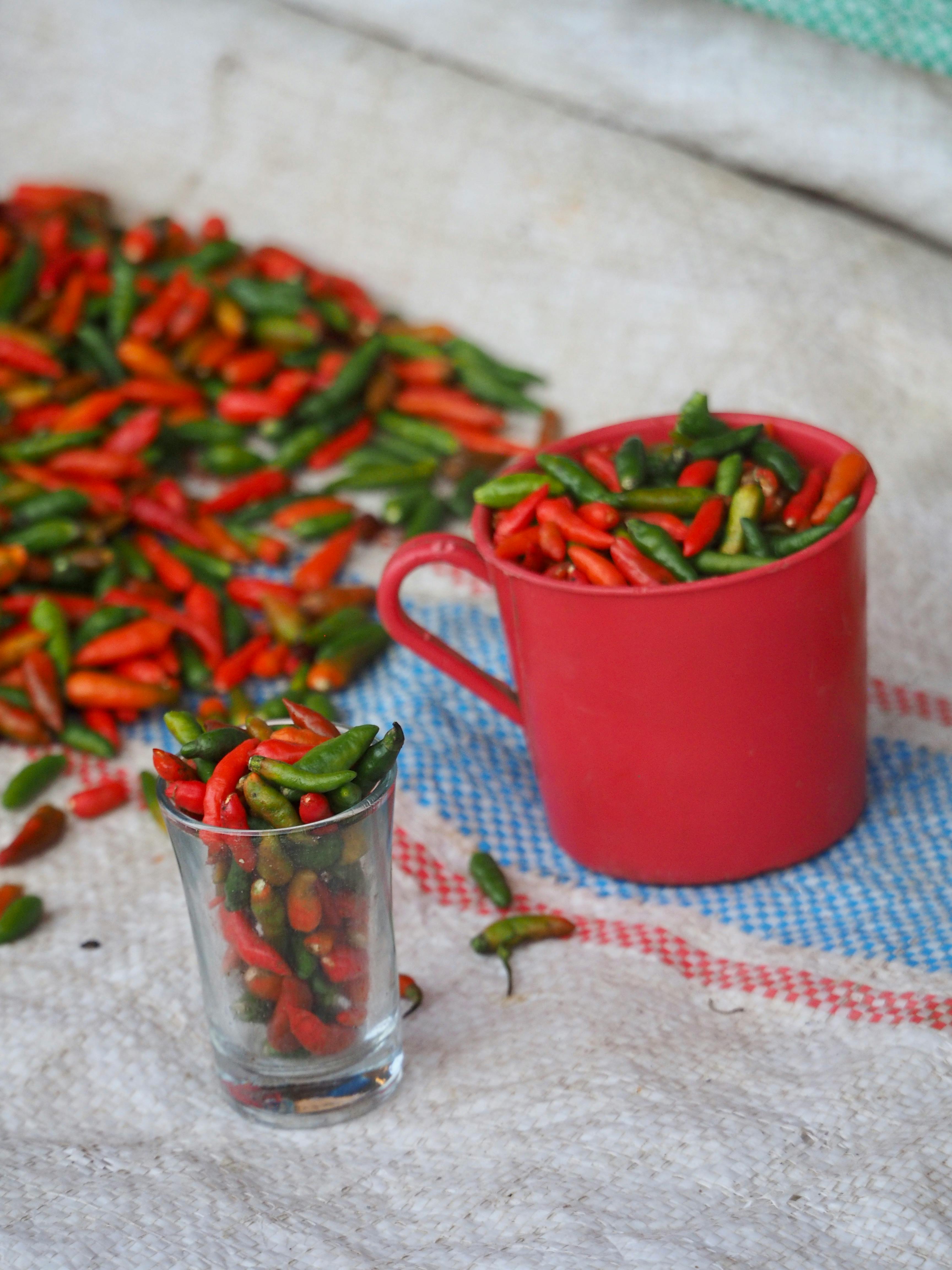 Red and Green Peppers in Glass and Red Pot · Free Stock Photo