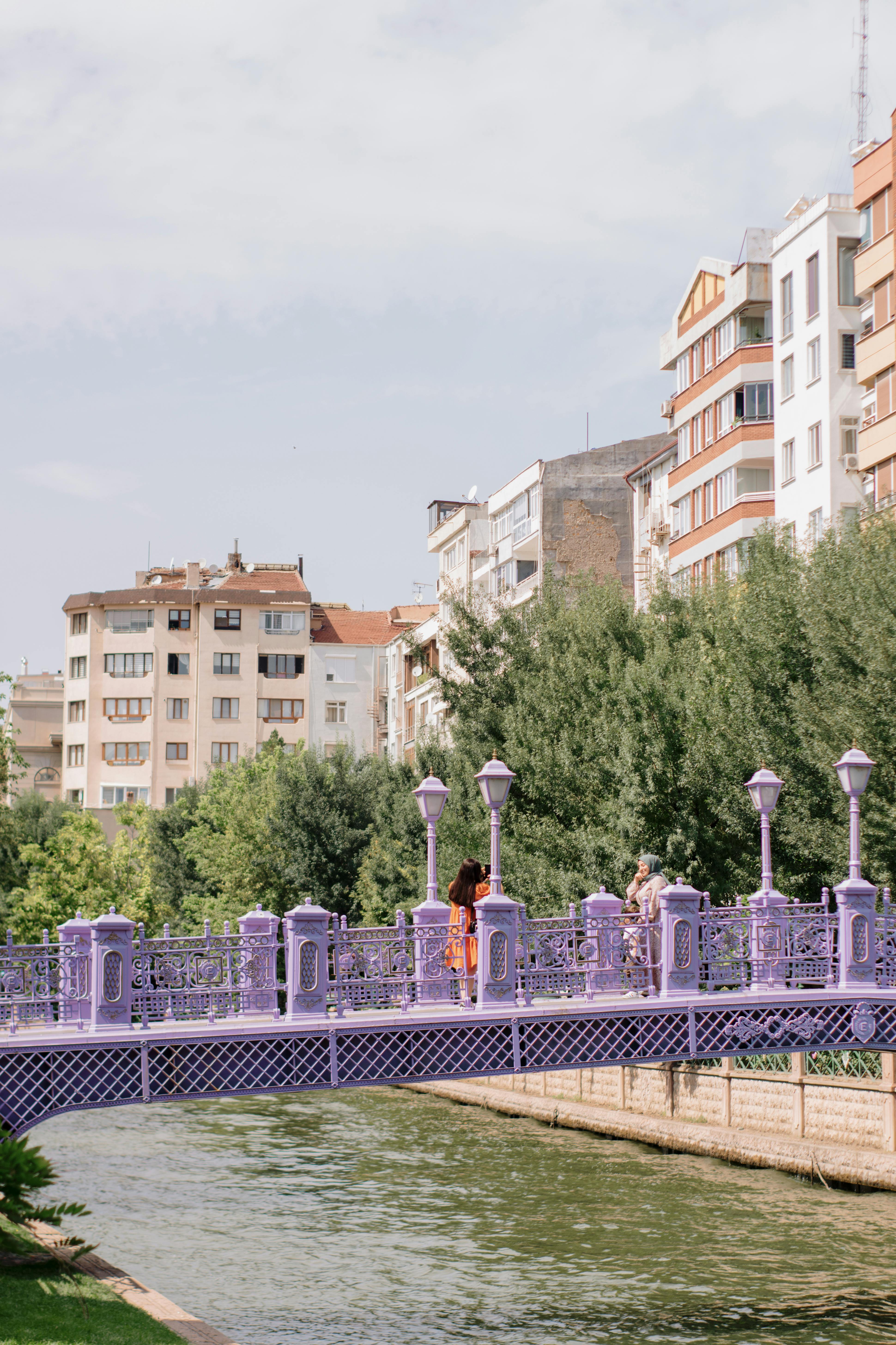 Purple Painted Bridge over a City River · Free Stock Photo
