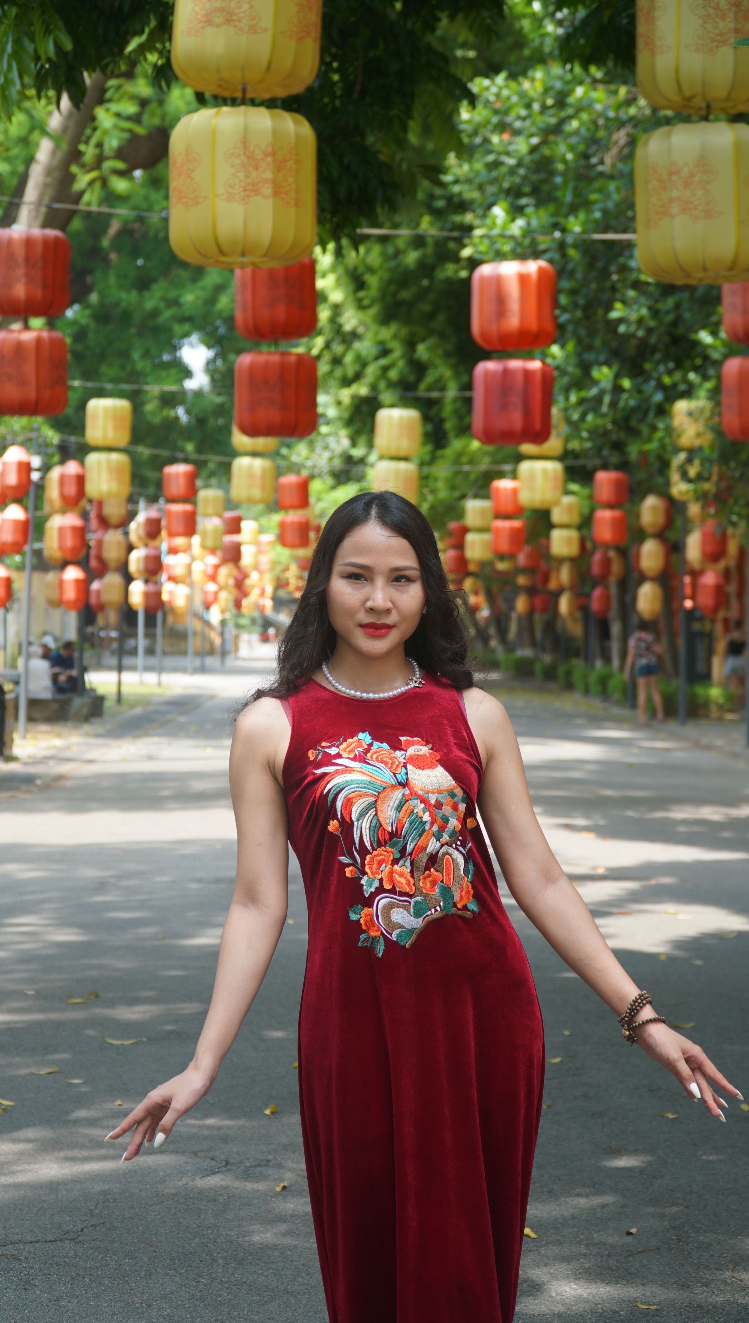 Young Woman in a Red Dress Posing in a Park Decorated with Lanterns ...