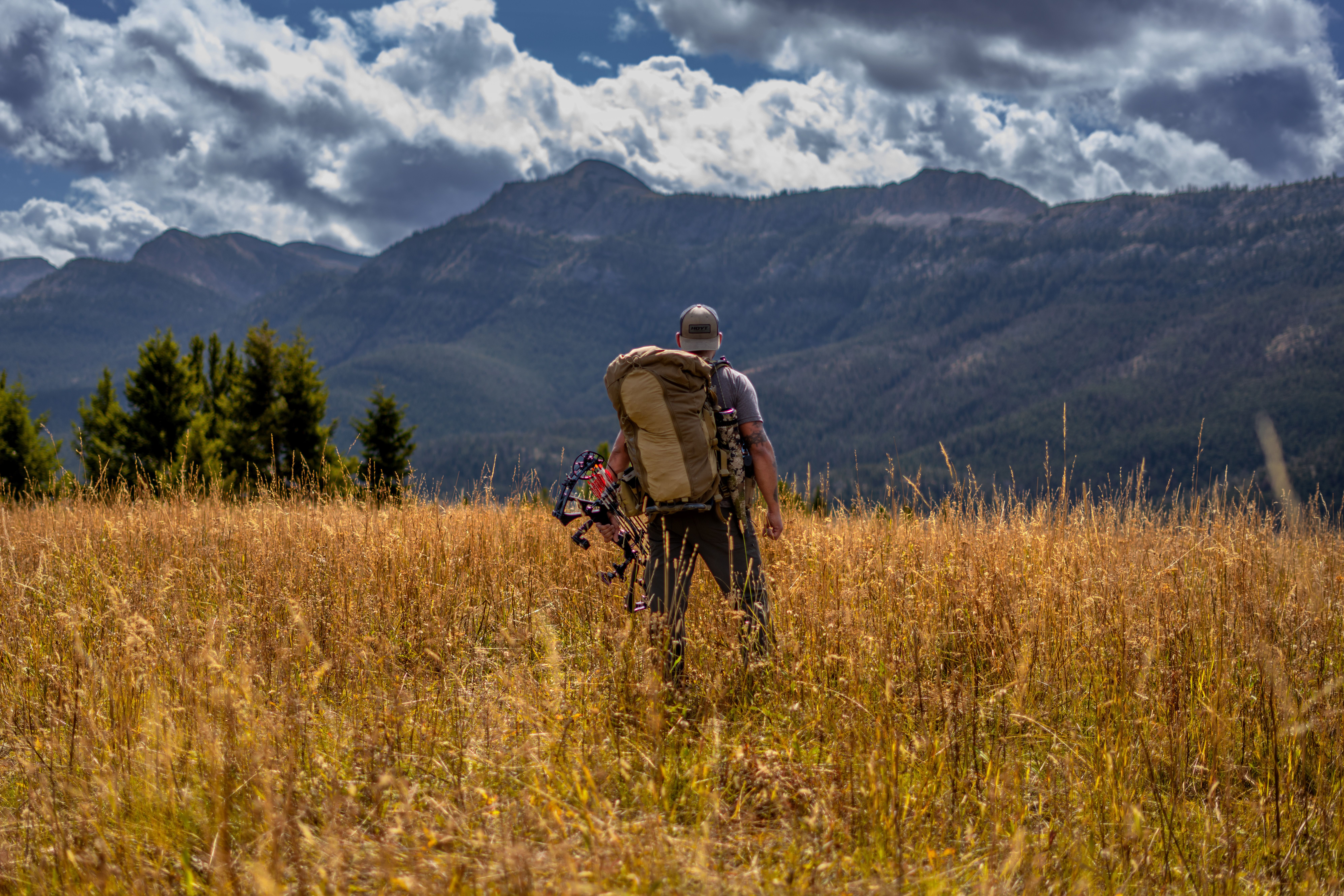 Survivalist with a Bow and a Backpack Standing in a Mountain Pasture ...