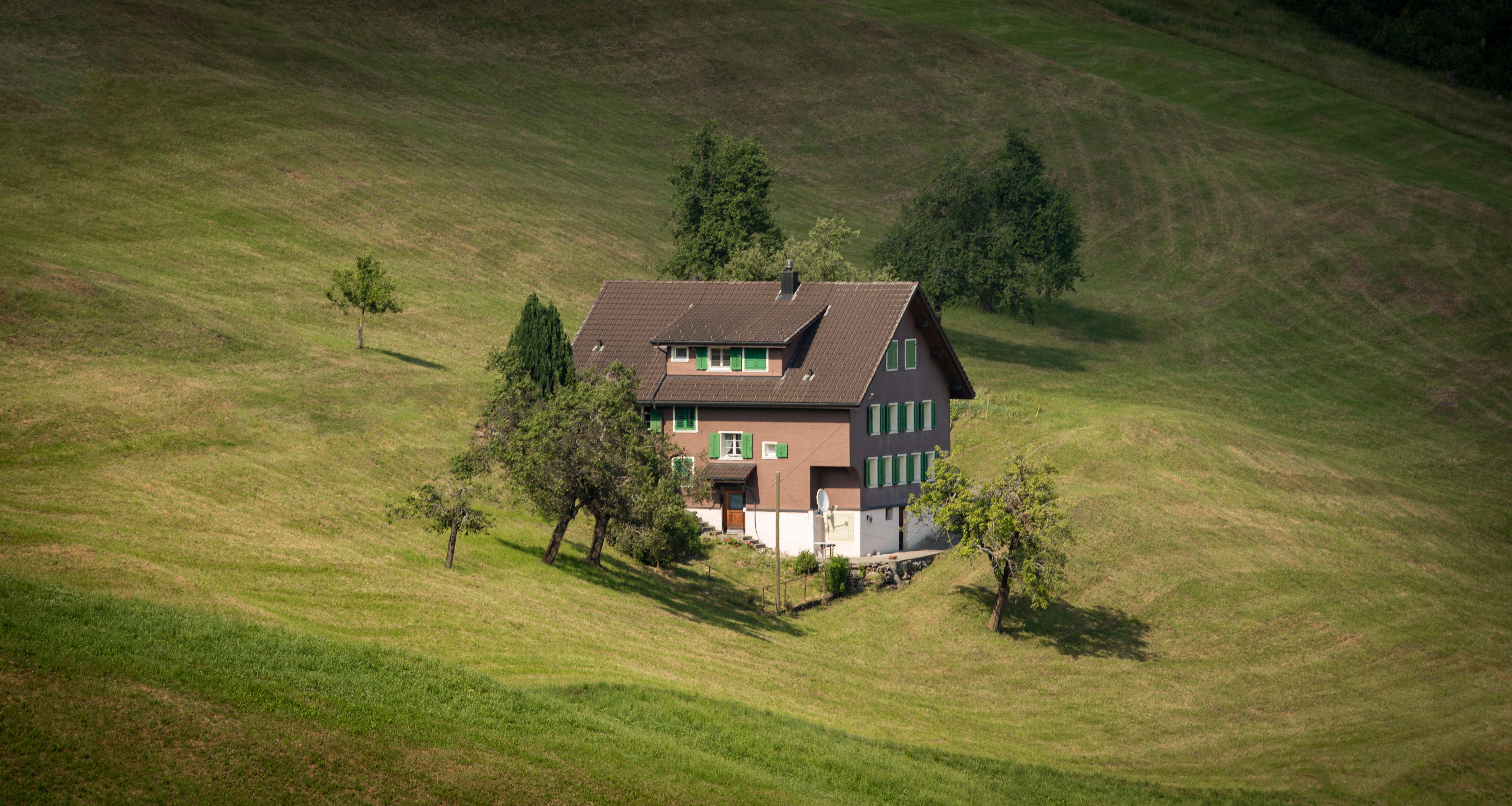 Trees around House on Green Hill · Free Stock Photo