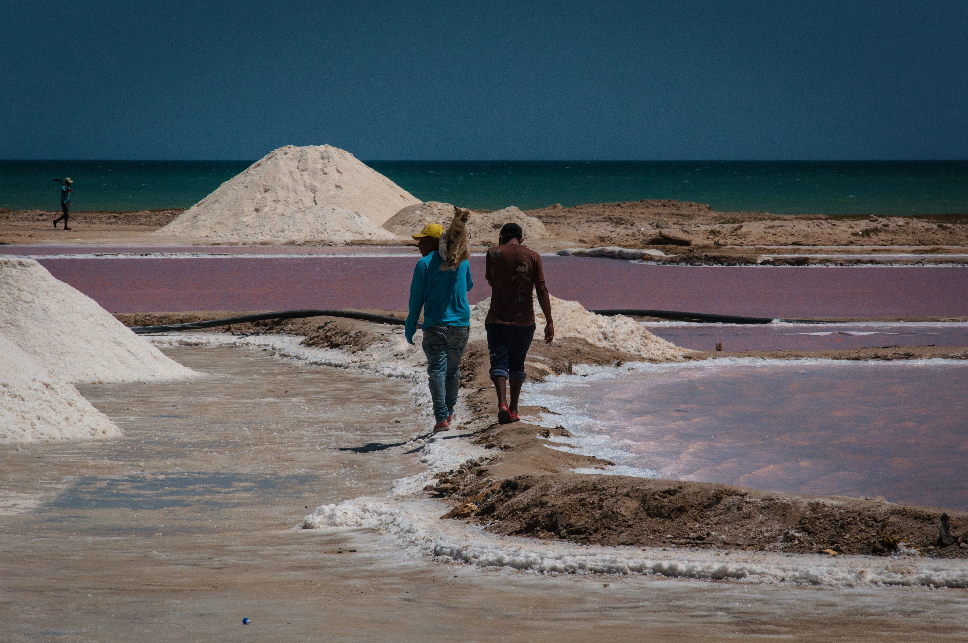 Men Walking Between Salt Evaporation Ponds · Free Stock Photo