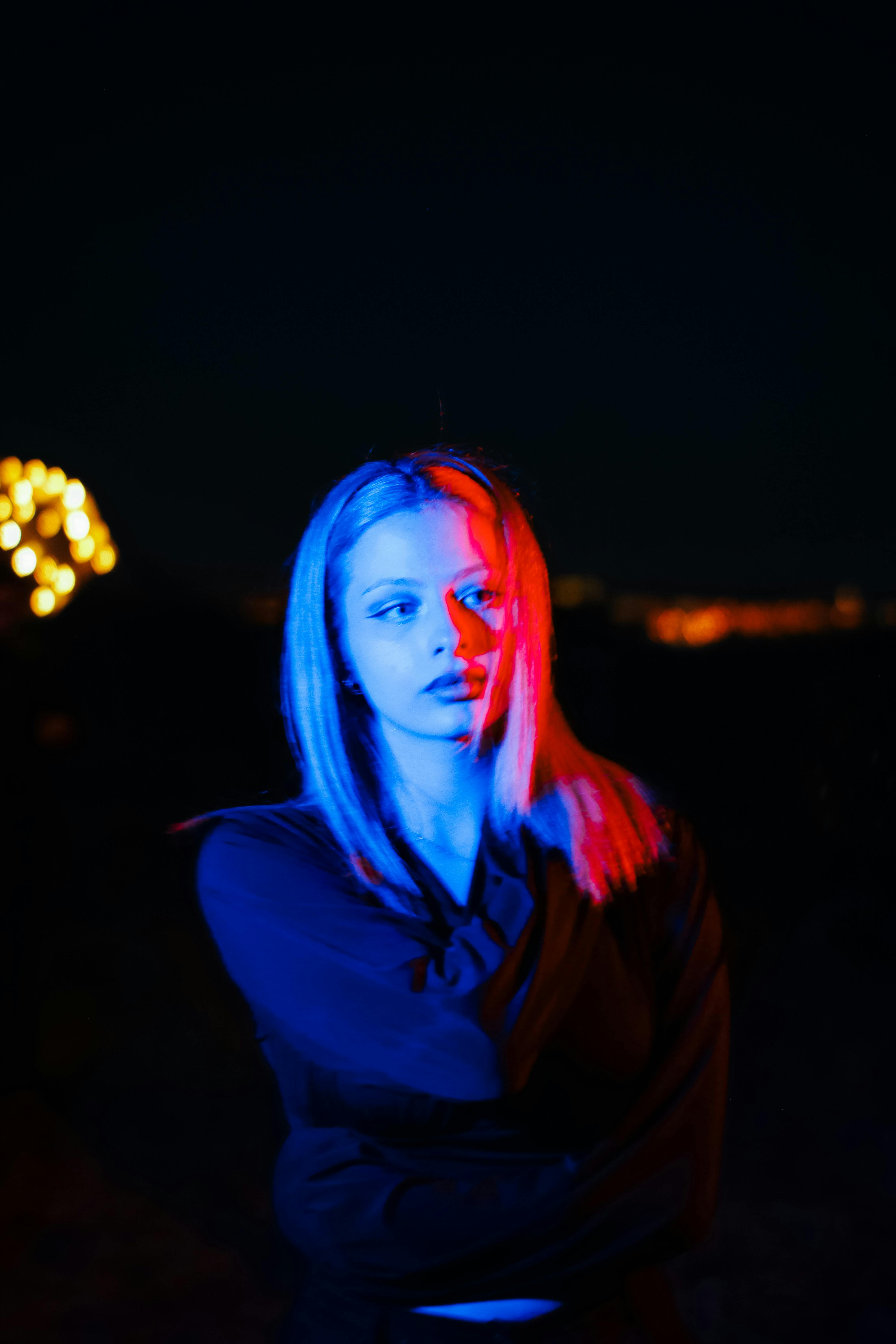 Portrait of Woman in Blue and Red Light · Free Stock Photo