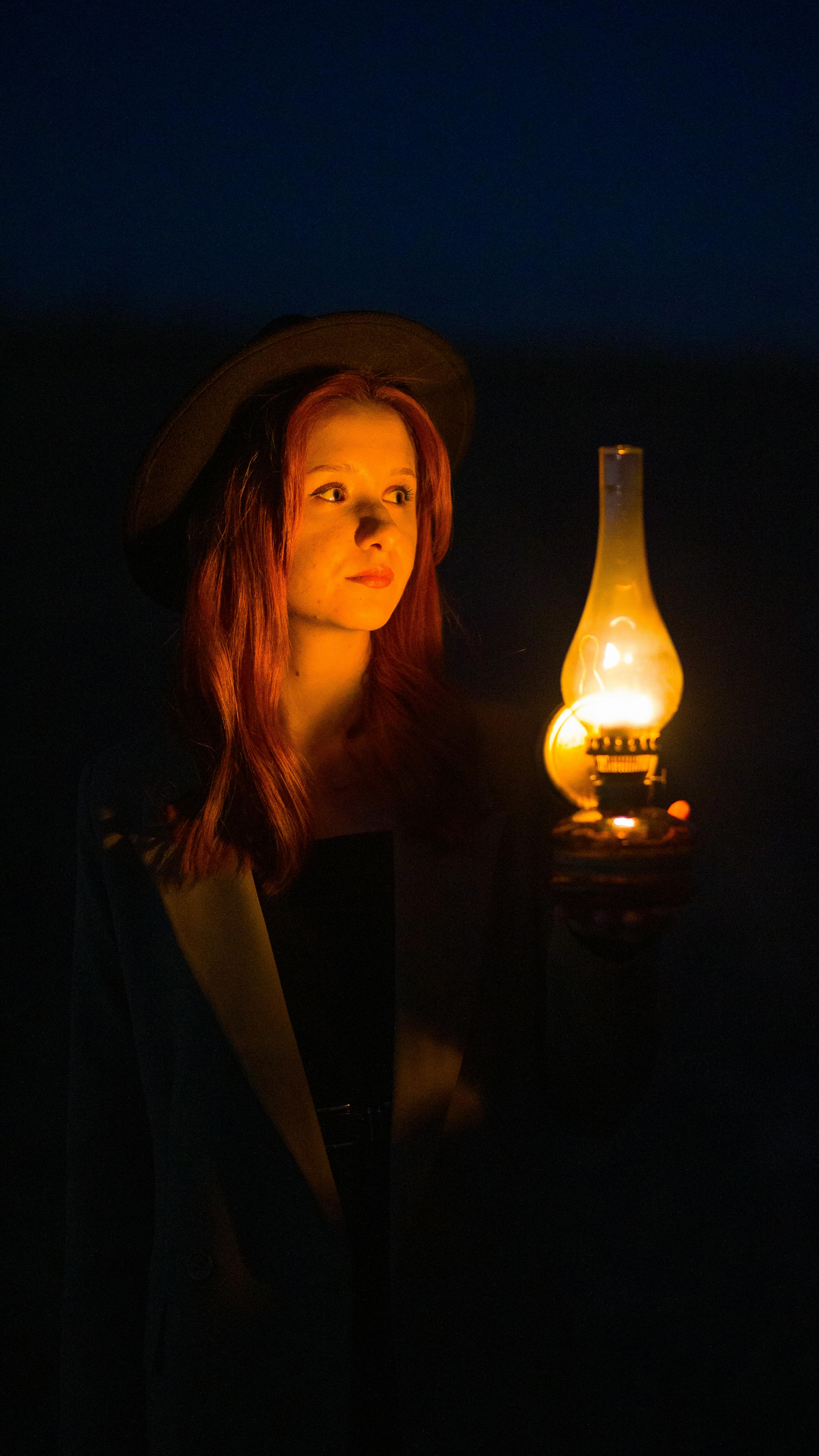 Woman with Lamp in Night Darkness · Free Stock Photo