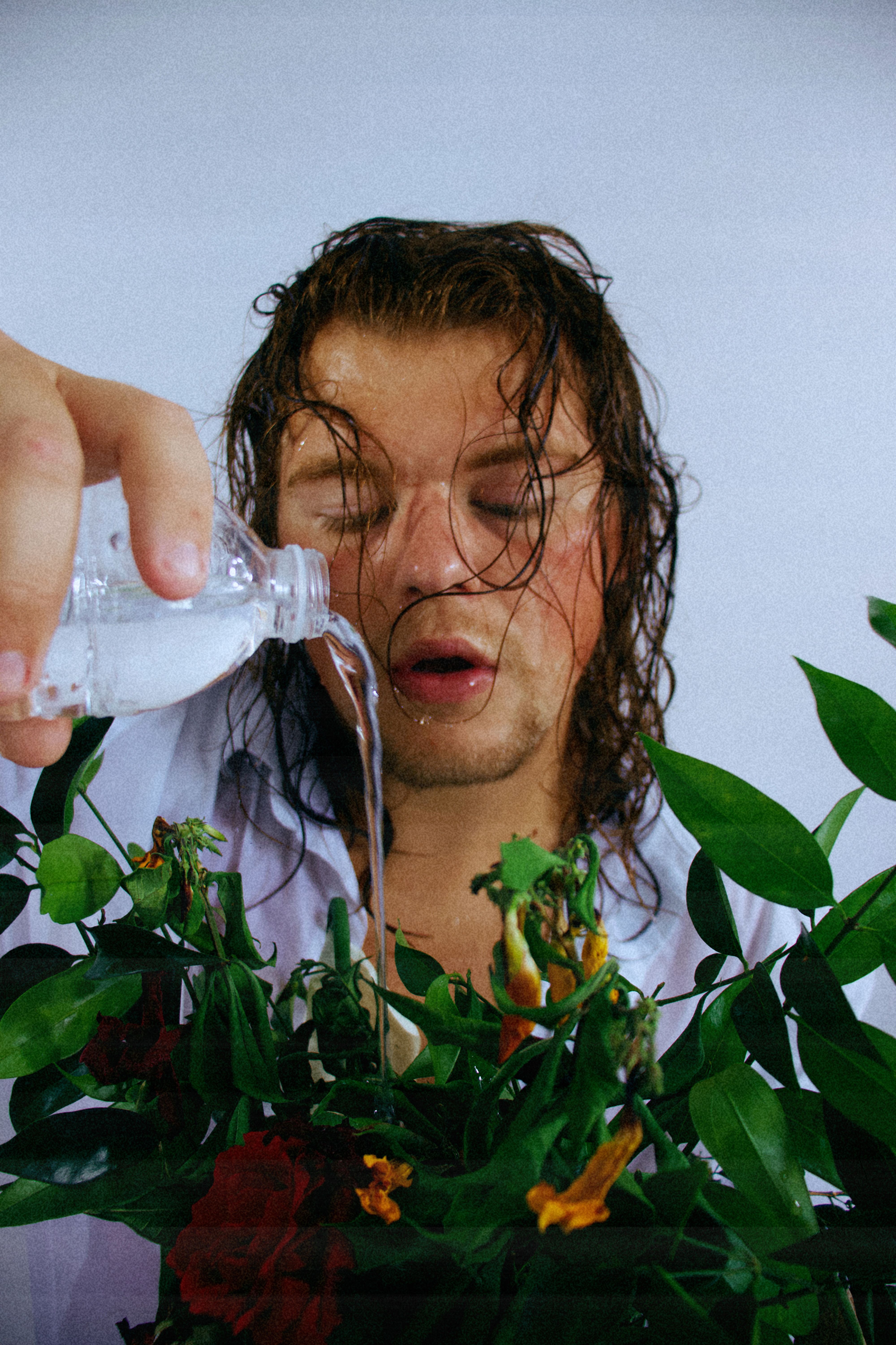 Man with Wet, Long Hair Pouring Liquid on Leaves · Free Stock Photo