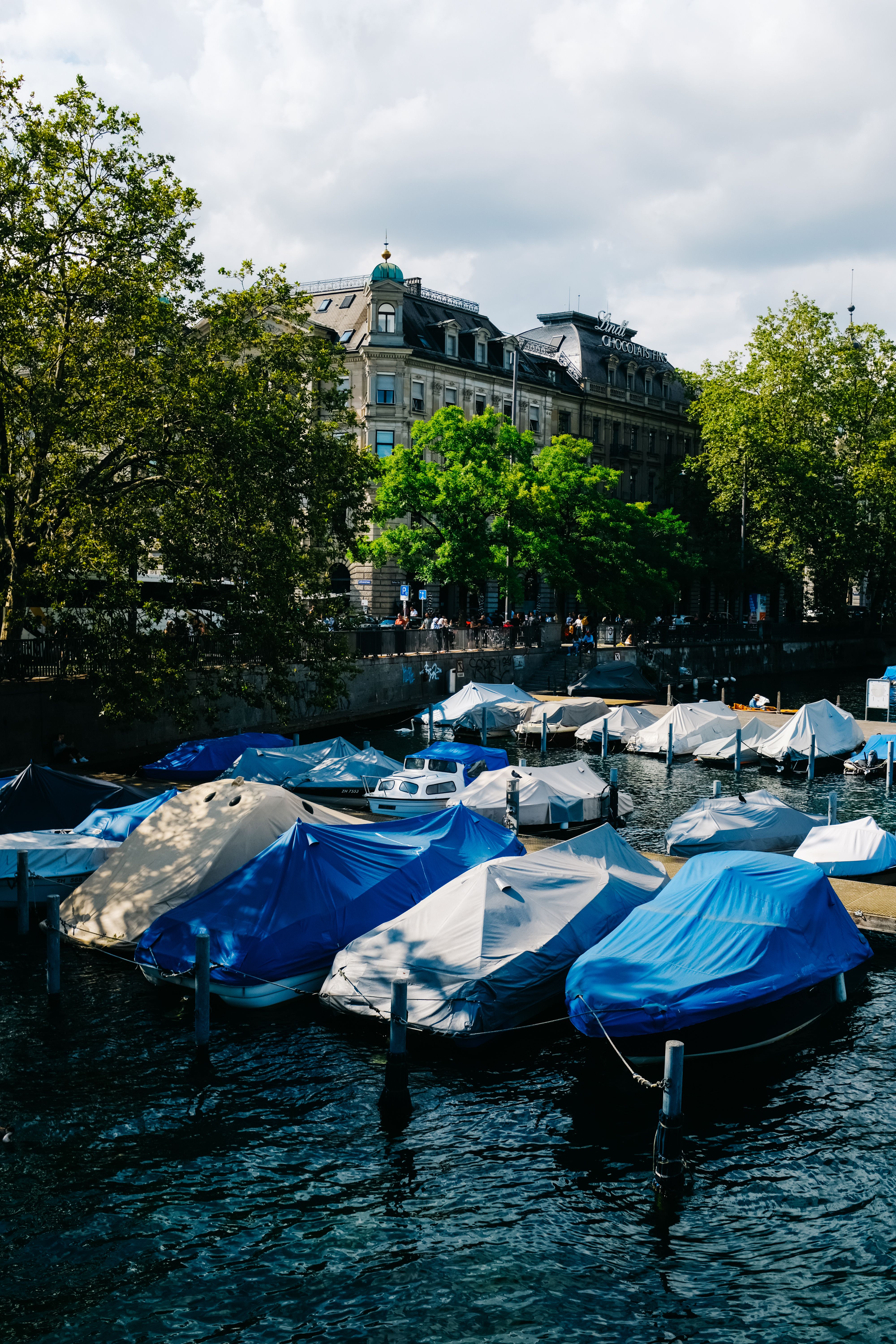 Boats Moored and Covered on the Riverside in City · Free Stock Photo